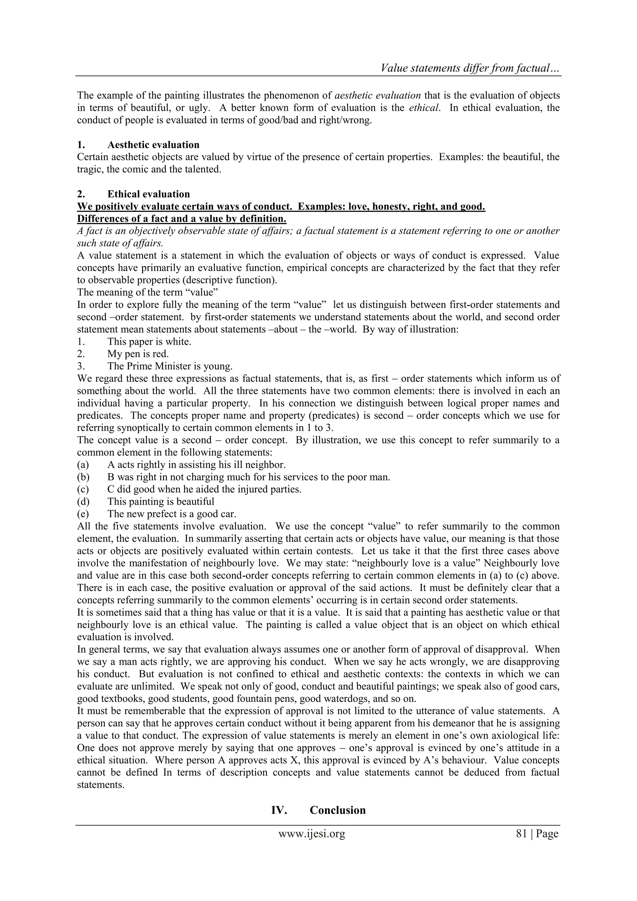 Value statements differ from factual statements | PDF