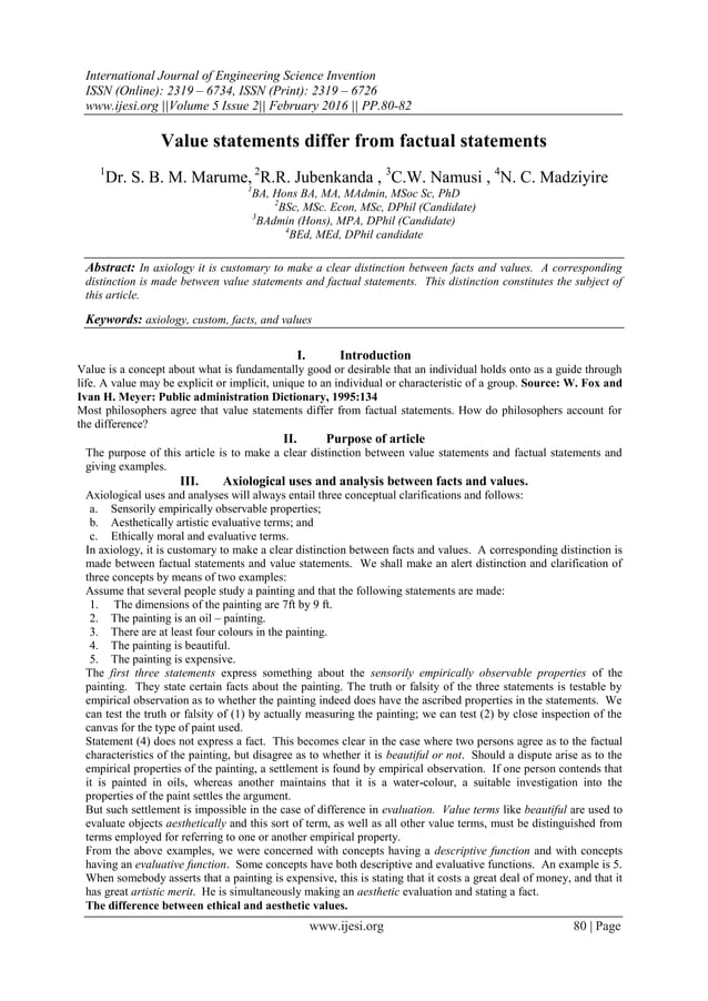 Value statements differ from factual statements | PDF