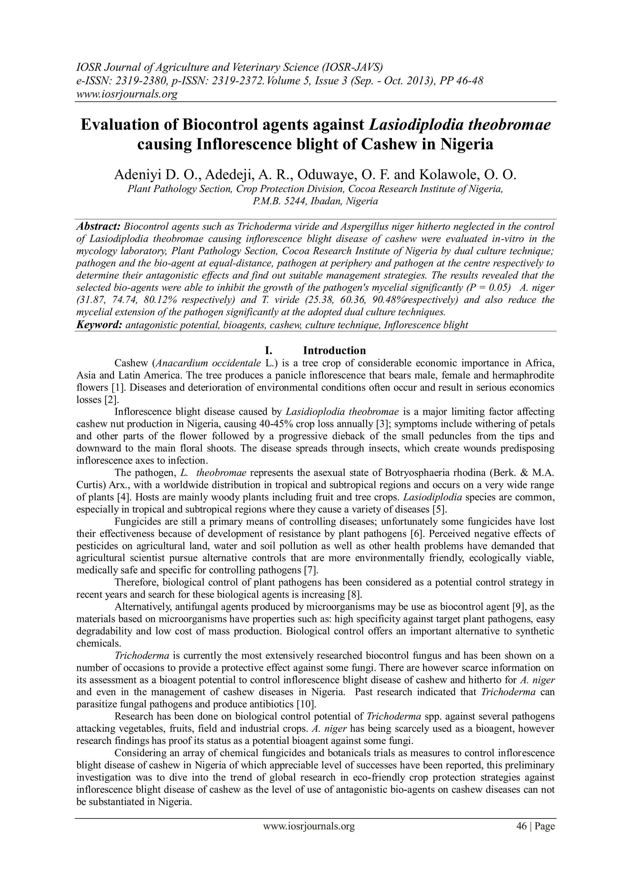 Evaluation of Biocontrol agents against Lasiodiplodia theobromae causing Inflorescence blight of ...