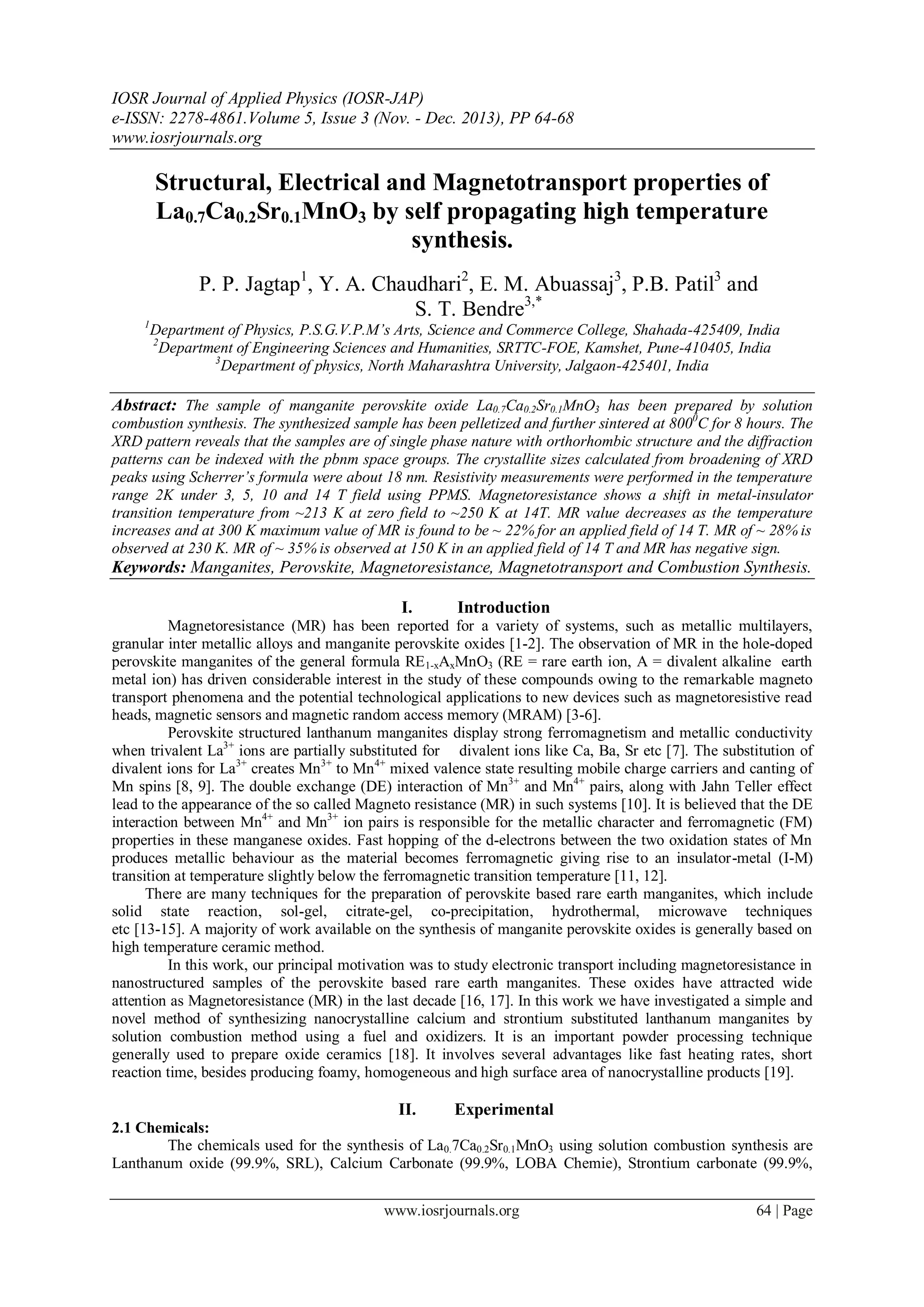Structural, Electrical and Magnetotransport properties of La0.7Ca0.2Sr0.1MnO3 by self ...