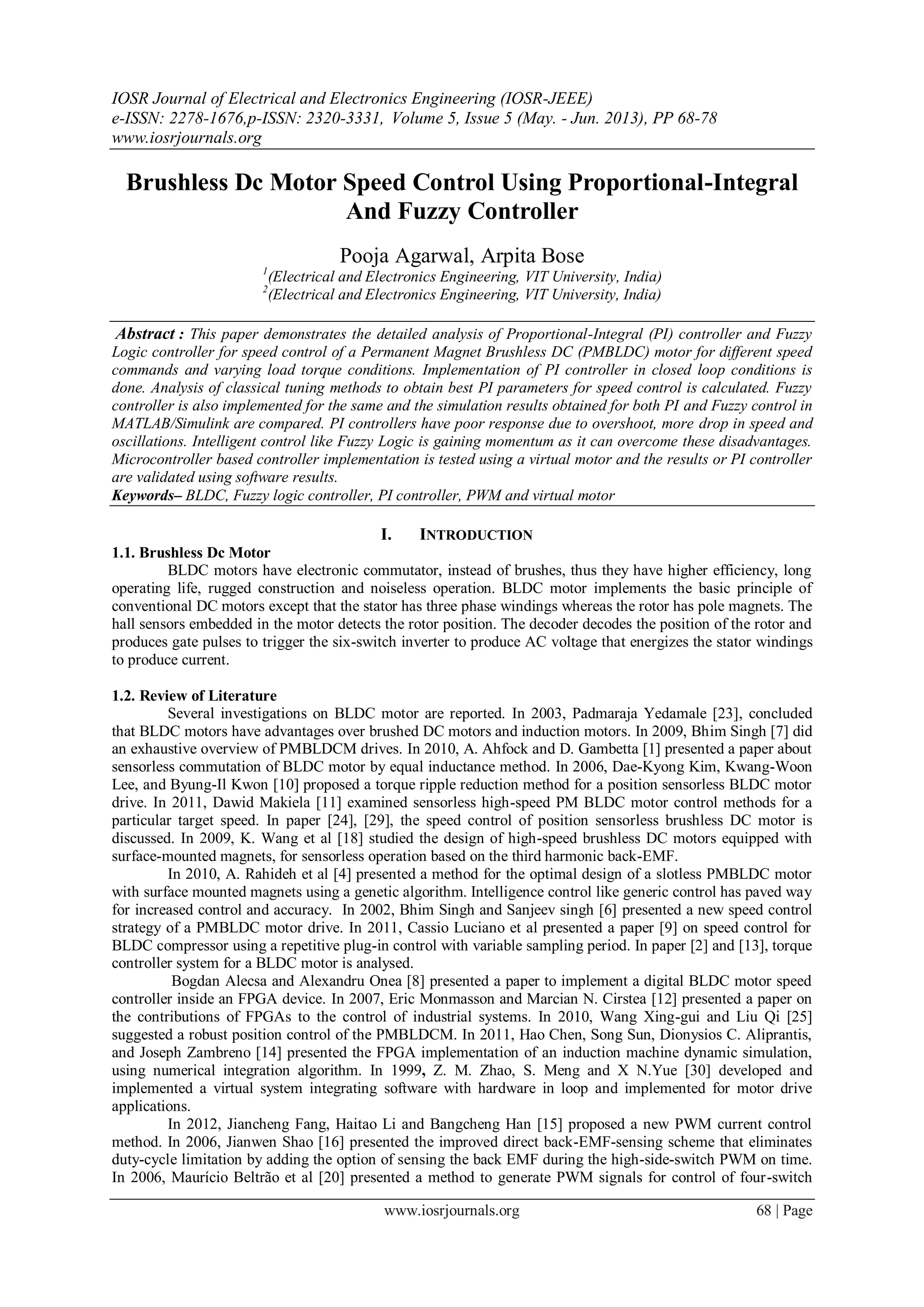 Brushless Dc Motor Speed Control Using Proportional-Integral And Fuzzy Controller | PDF