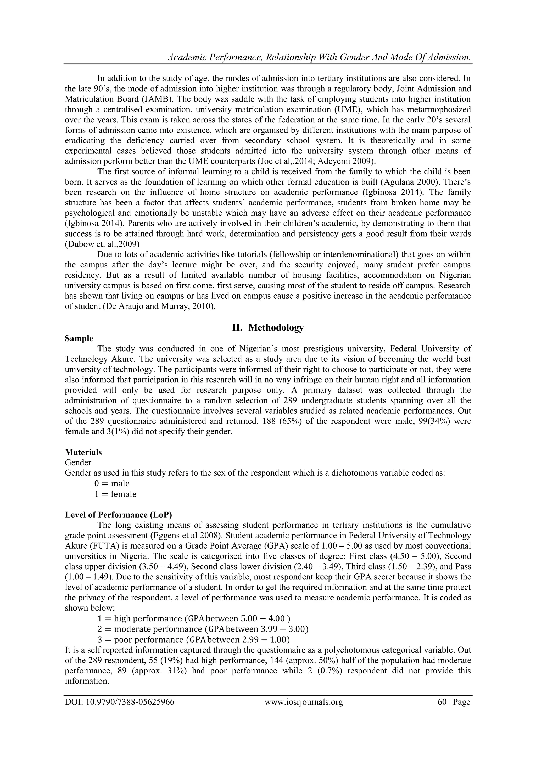 Academic Performance, Relationship with Gender and Mode of Admission | PDF