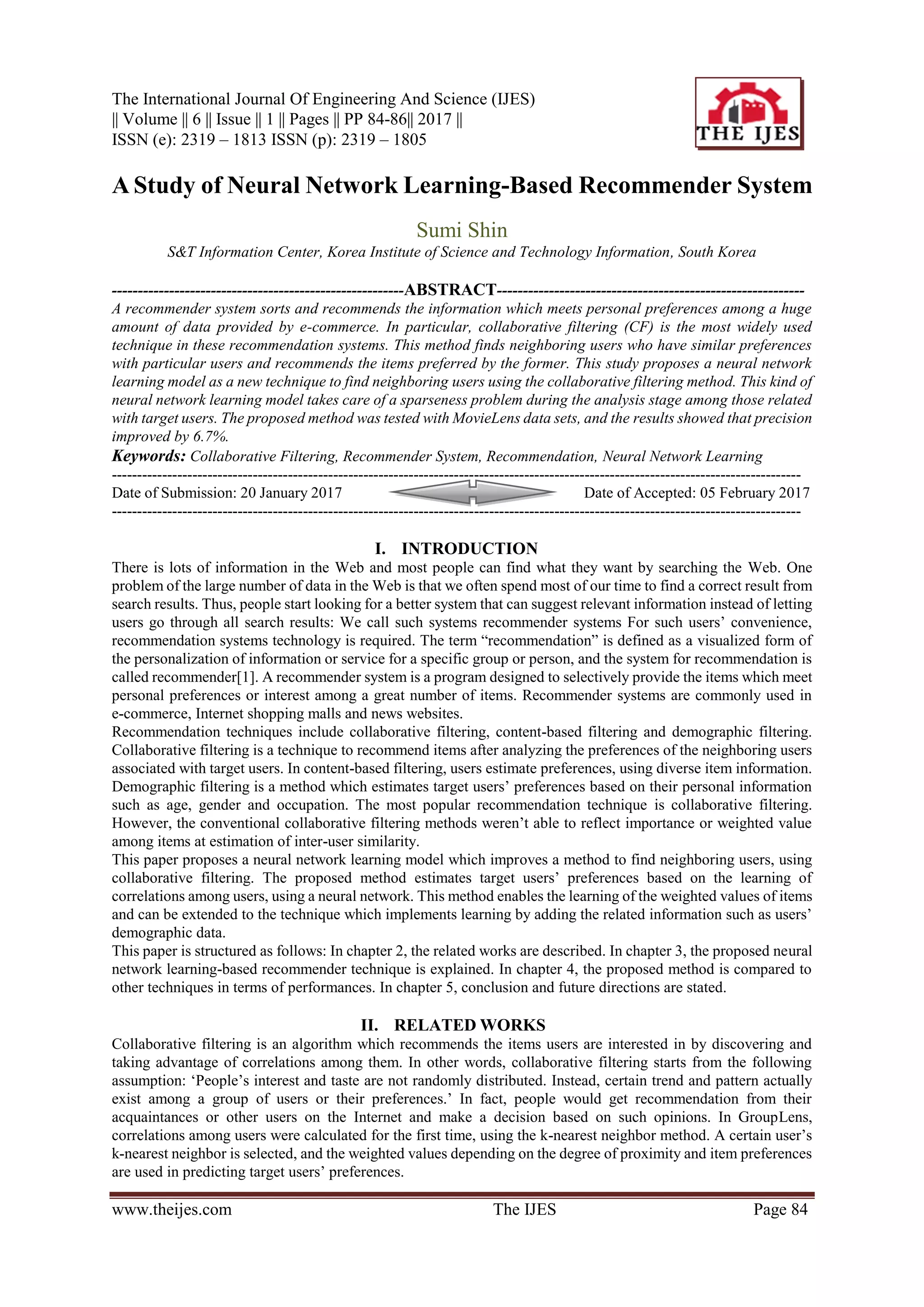 A Study of Neural Network Learning-Based Recommender System | PDF