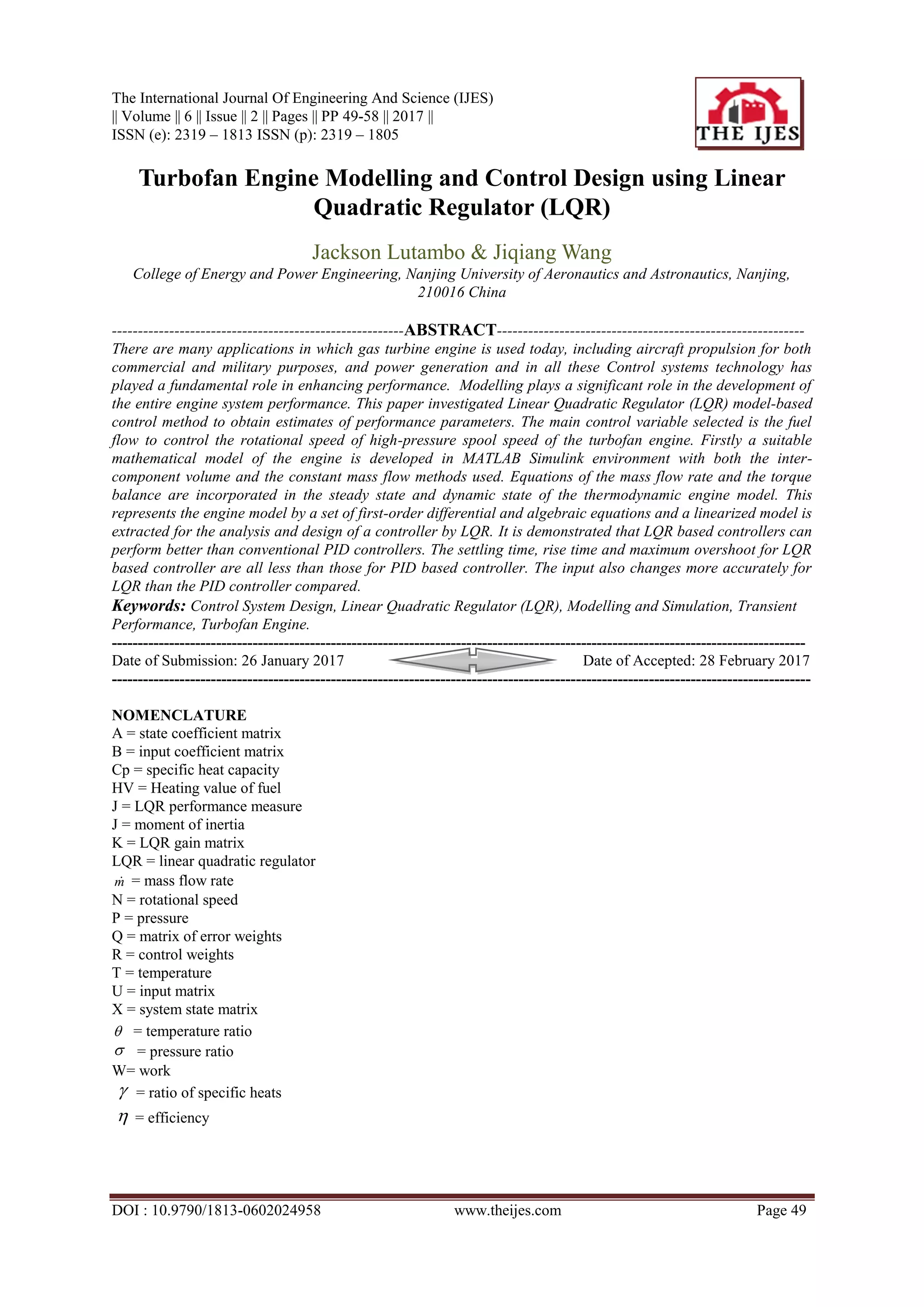 Turbofan Engine Modelling and Control Design using Linear Quadratic Regulator (LQR) | PDF