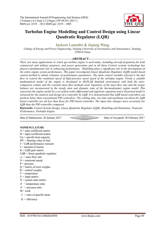 Turbofan Engine Modelling and Control Design using Linear Quadratic Regulator (LQR) | PDF
