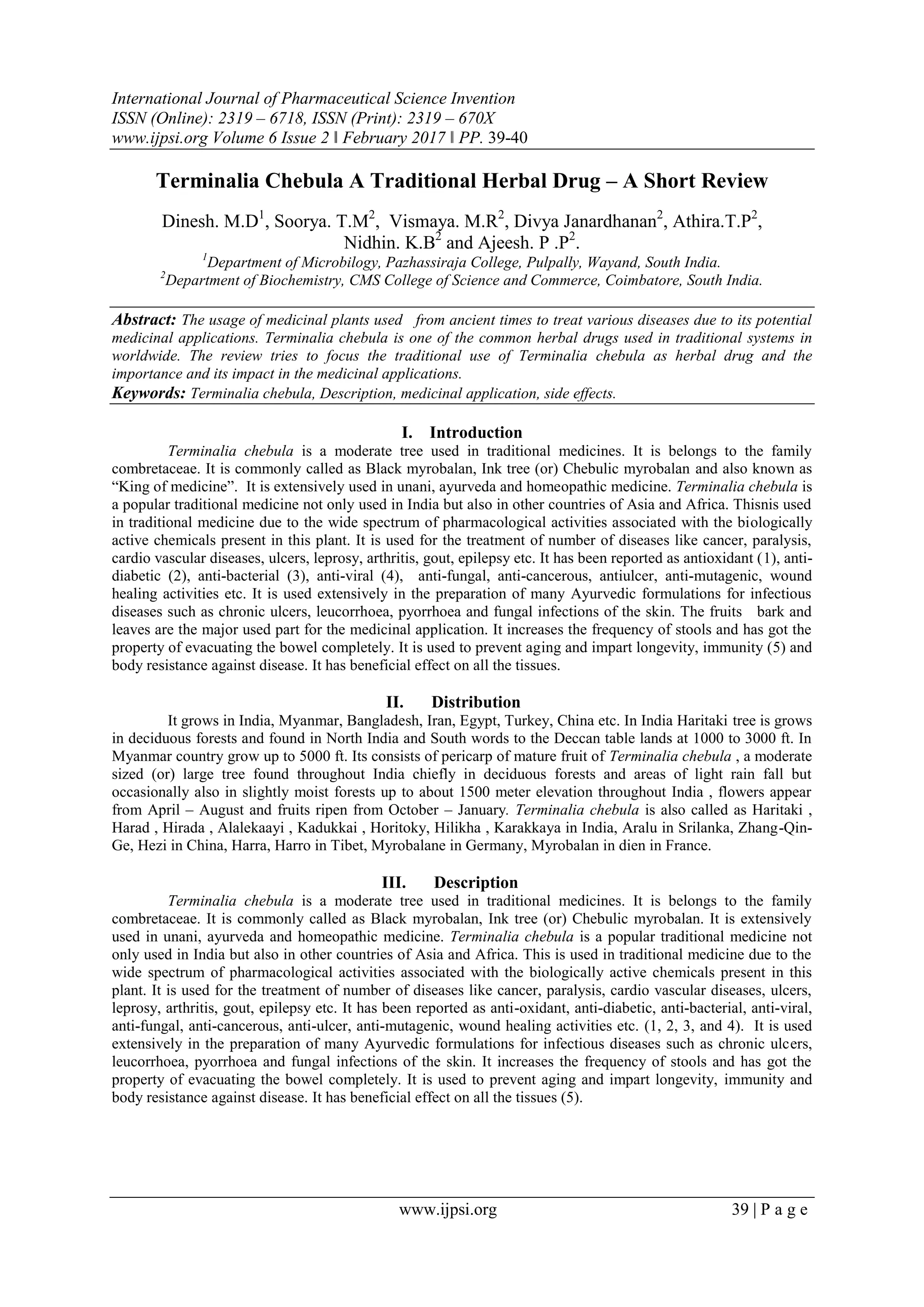 Terminalia Chebula A Traditional Herbal Drug – A Short Review | PDF