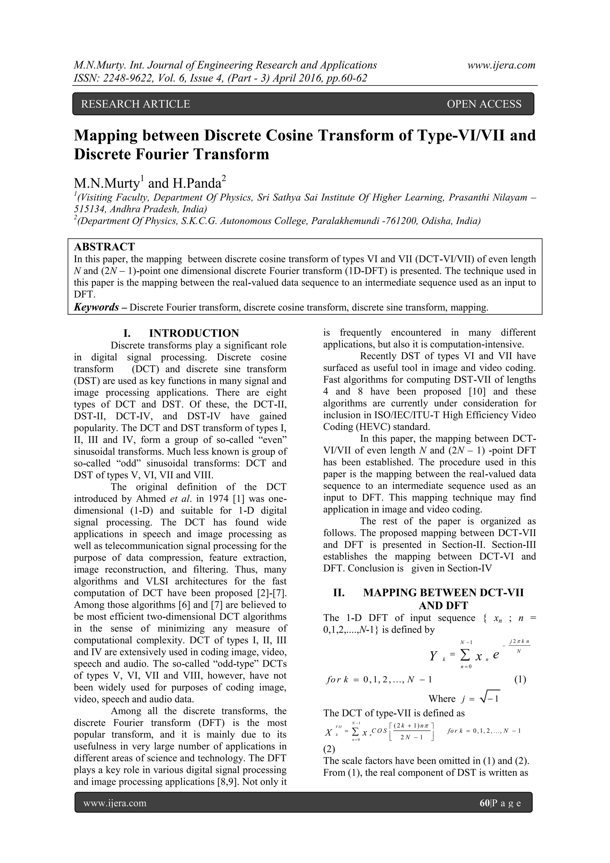 Mapping Between Discrete Cosine Transform Of Type Vi Vii And Discrete Fourier Transform Pdf