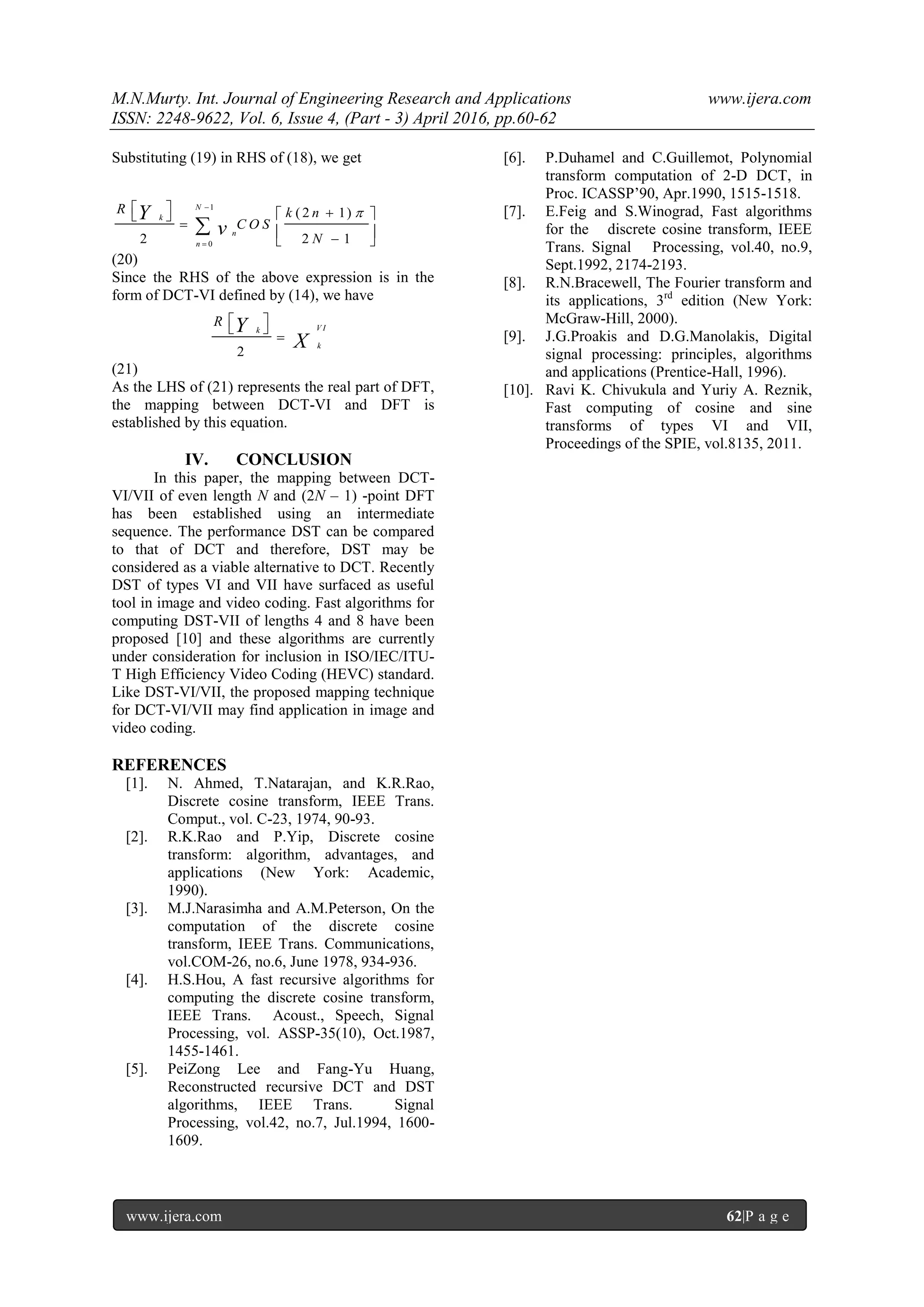 Mapping Between Discrete Cosine Transform Of Type Vivii And Discrete Fourier Transform Pdf