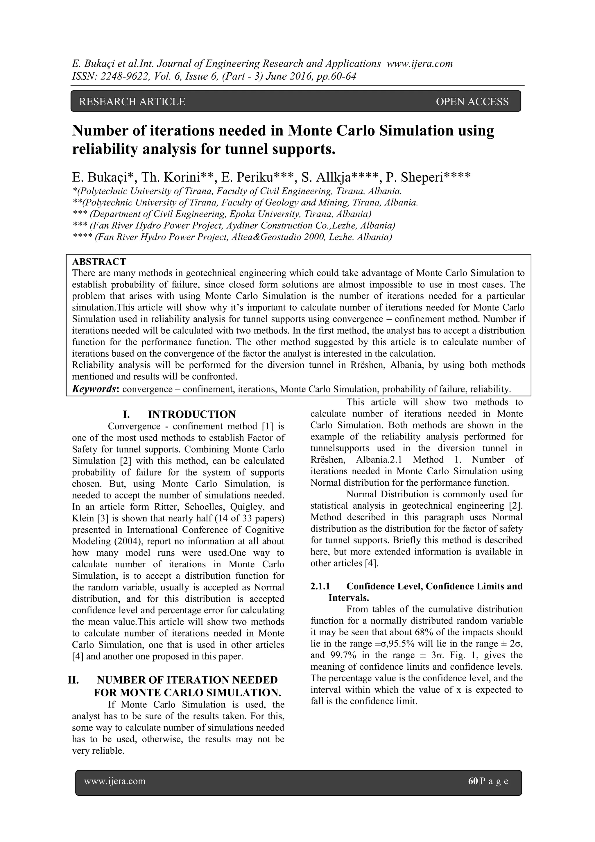 Number of iterations needed in Monte Carlo Simulation using reliability analysis for tunnel ...