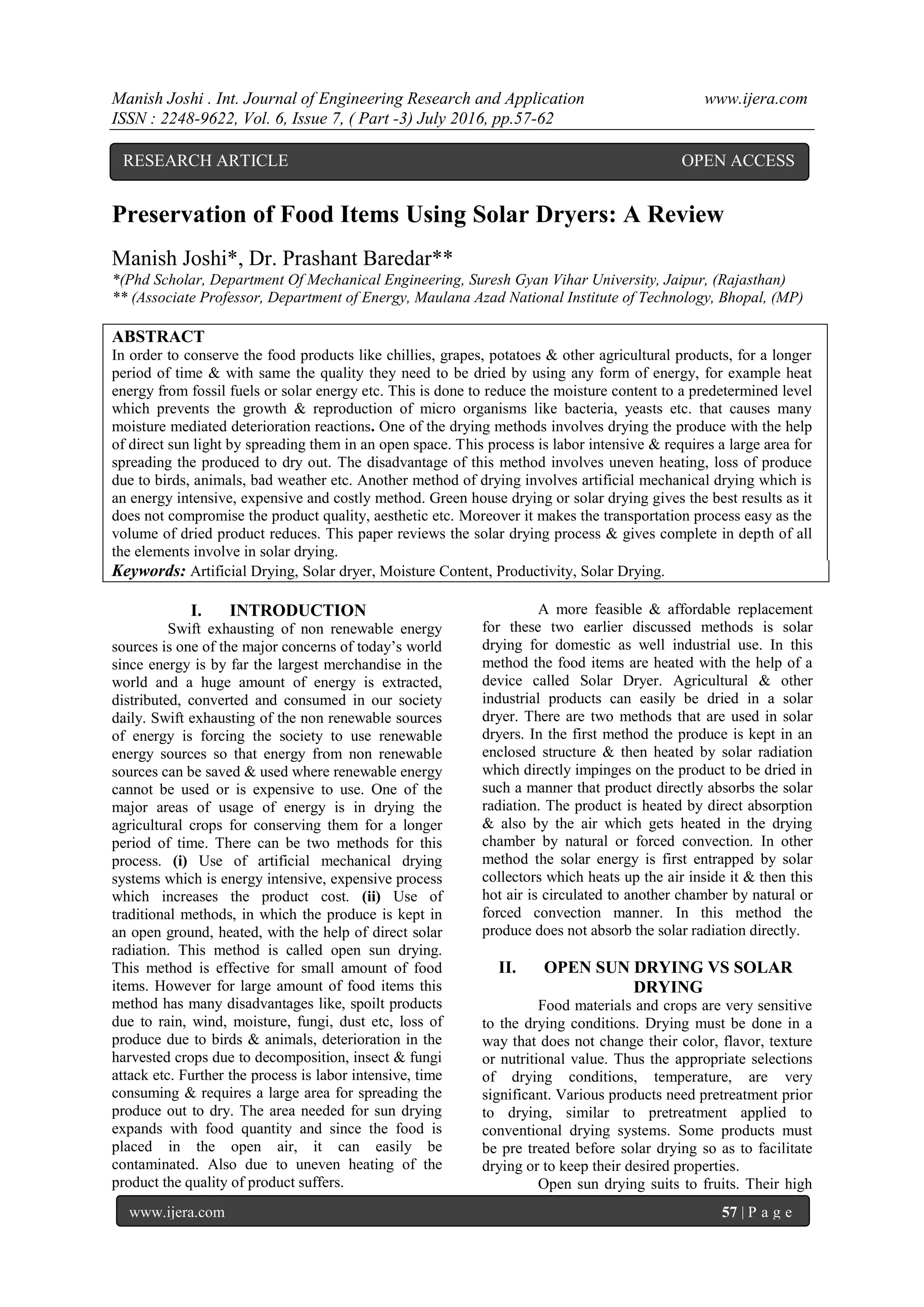 Preservation of Food Items Using Solar Dryers: A Review | PDF