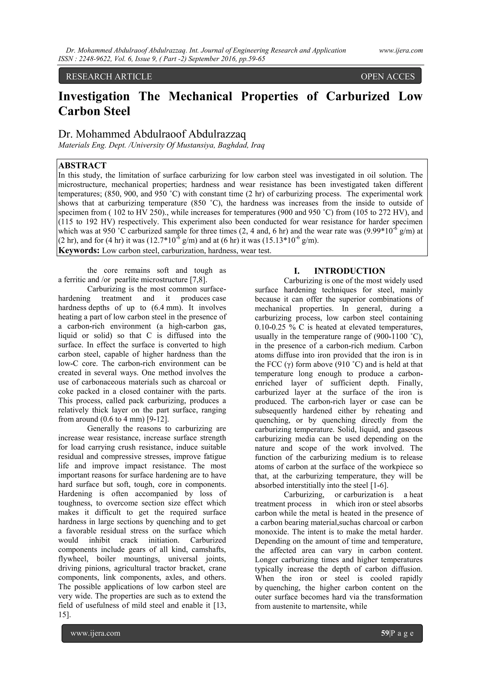 Investigation The Mechanical Properties of Carburized Low Carbon Steel ...
