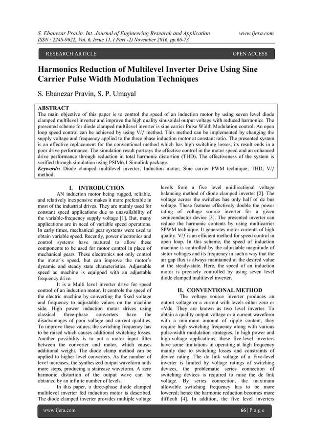 Harmonics Reduction of Multilevel Inverter Drive Using Sine Carrier Pulse Width Modulation ...