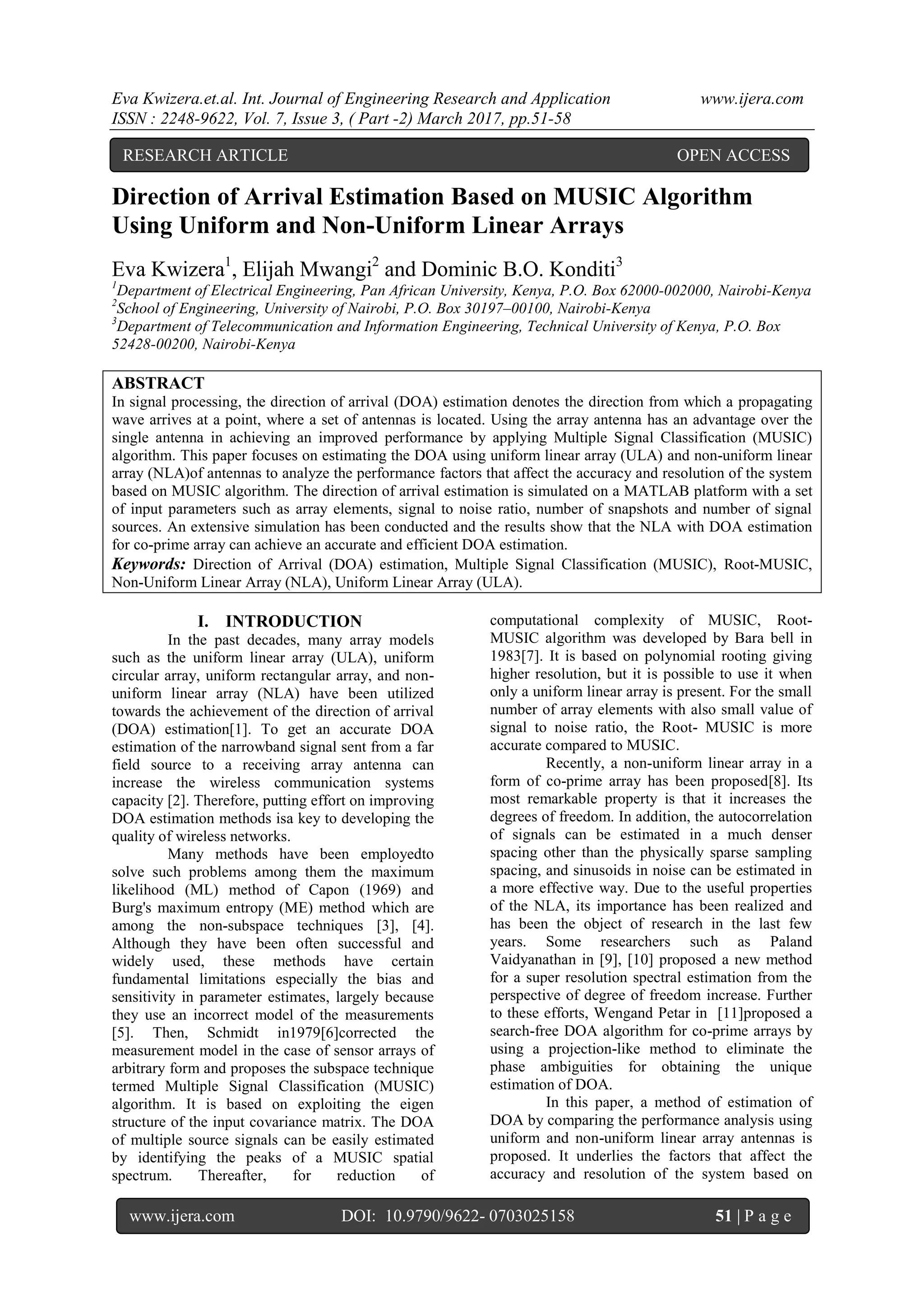 Direction Of Arrival Estimation Based On Music Algorithm Using Uniform And Non Uniform Linear