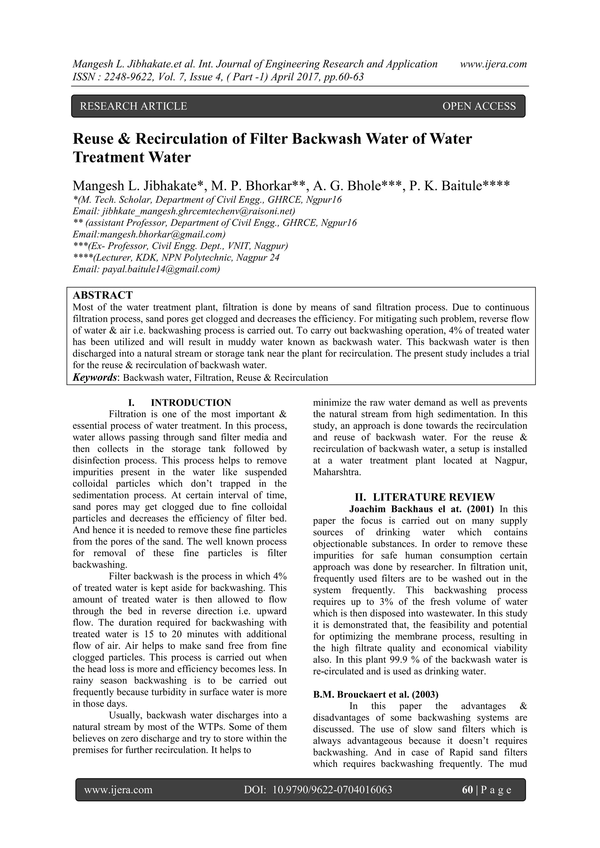 Reuse & Recirculation of Filter Backwash Water of Water Treatment Water ...