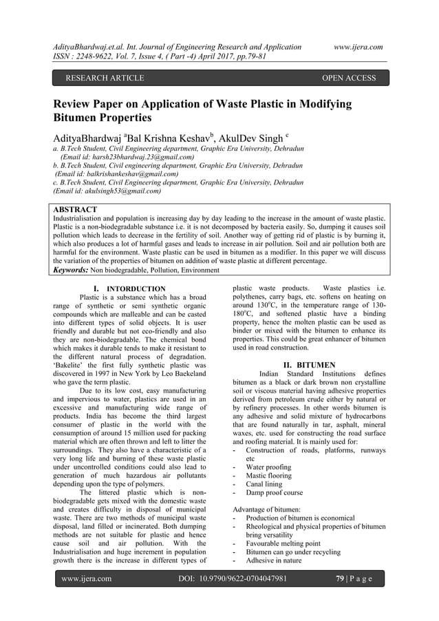Review Paper on Application of Waste Plastic in Modifying Bitumen ...