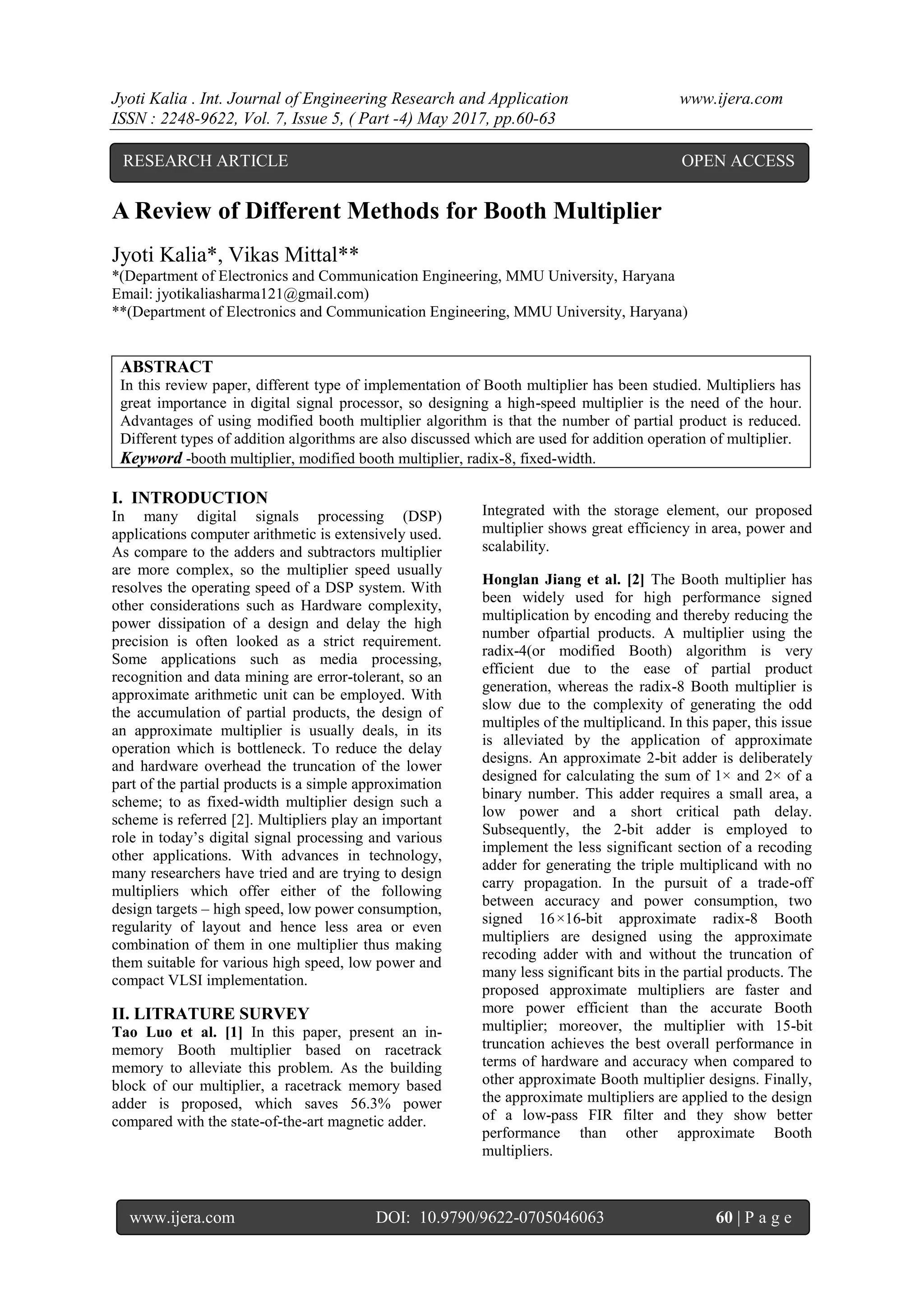 A Review of Different Methods for Booth Multiplier | PDF