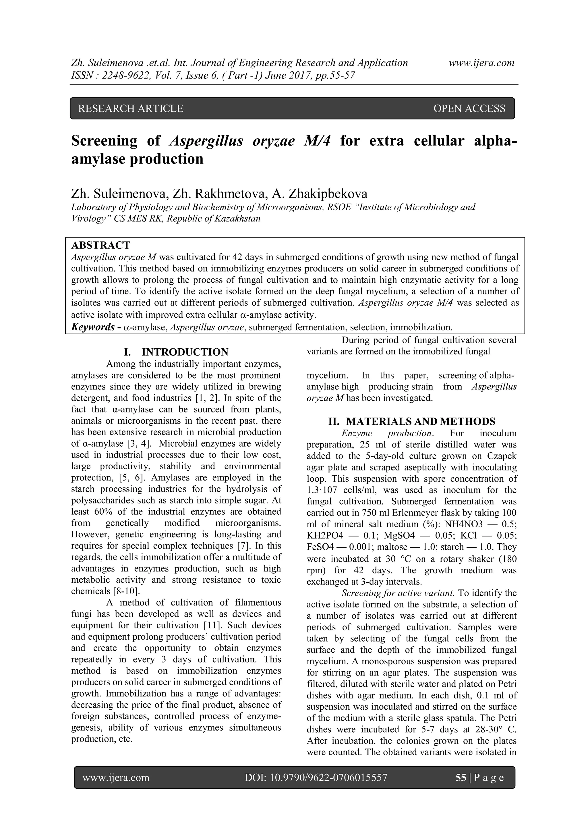 Screening of Aspergillus oryzae M/4 for extra cellular alphaamylase production | PDF