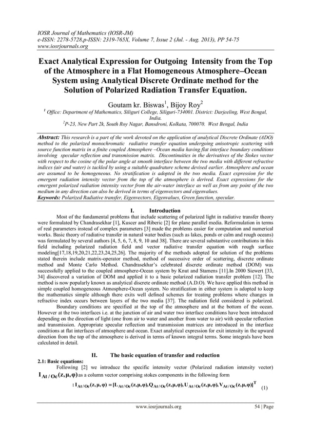 Exact Analytical Expression for Outgoing Intensity from the Top of the ...