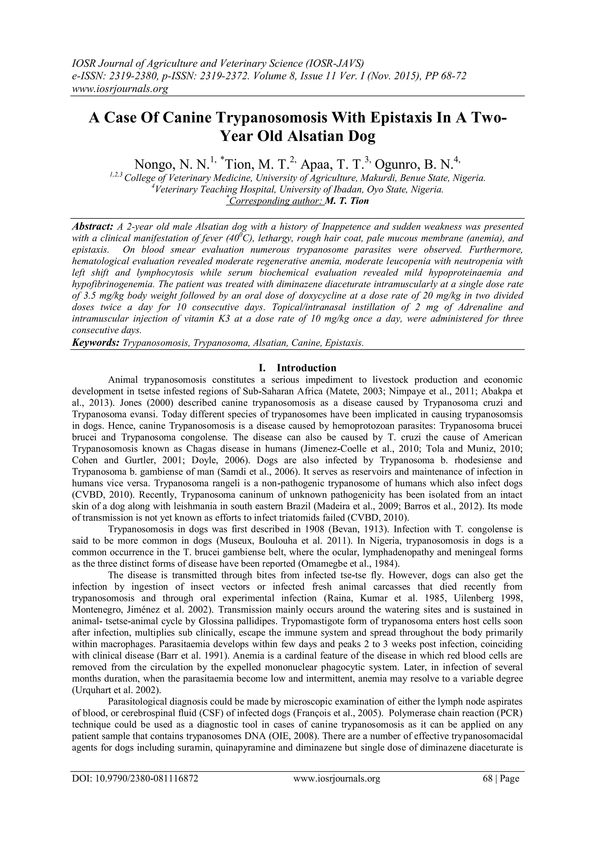 A Case Of Canine Trypanosomosis With Epistaxis In A TwoYear Old ...