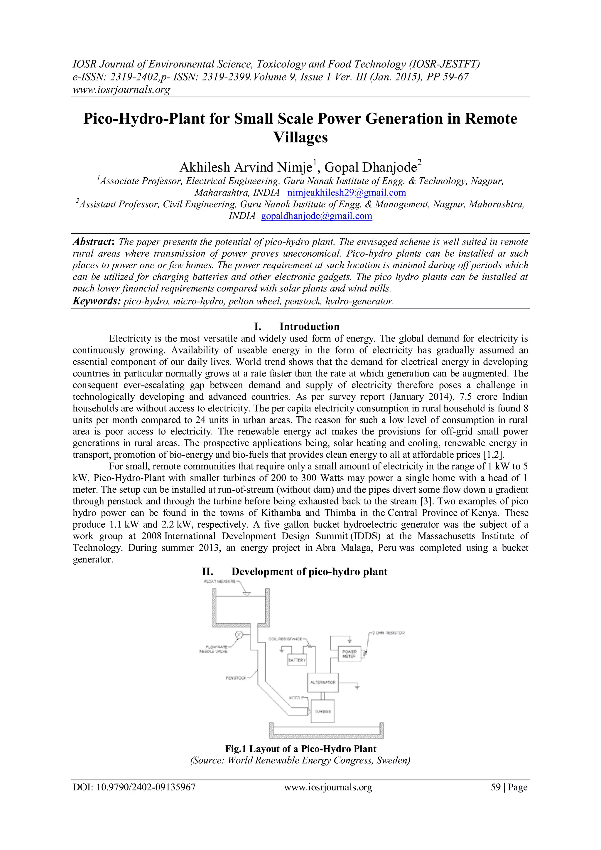Pico-Hydro-Plant for Small Scale Power Generation in Remote Villages | PDF