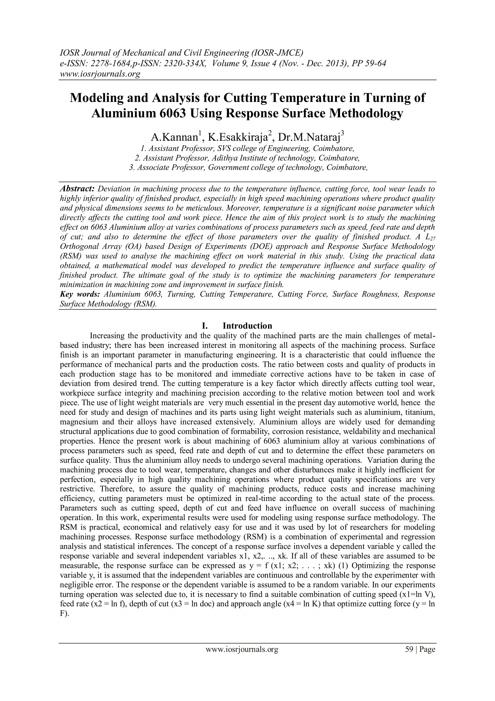 Modeling and Analysis for Cutting Temperature in Turning of Aluminium 6063 Using Response ...