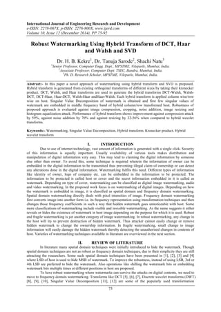 Robust Watermarking Using Hybrid Transform of DCT, Haar and Walsh and SVD | PDF