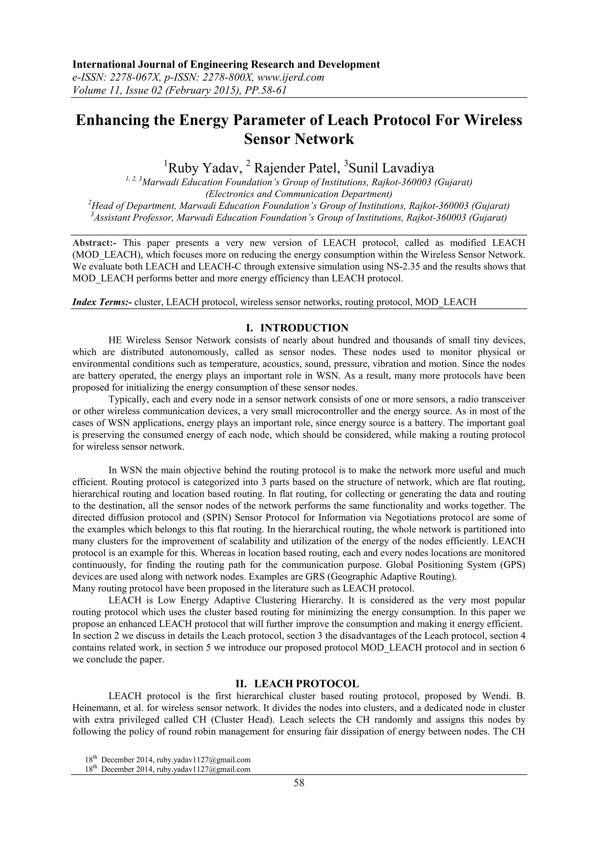Enhancing the Energy Parameter of Leach Protocol For Wireless Sensor Network | PDF