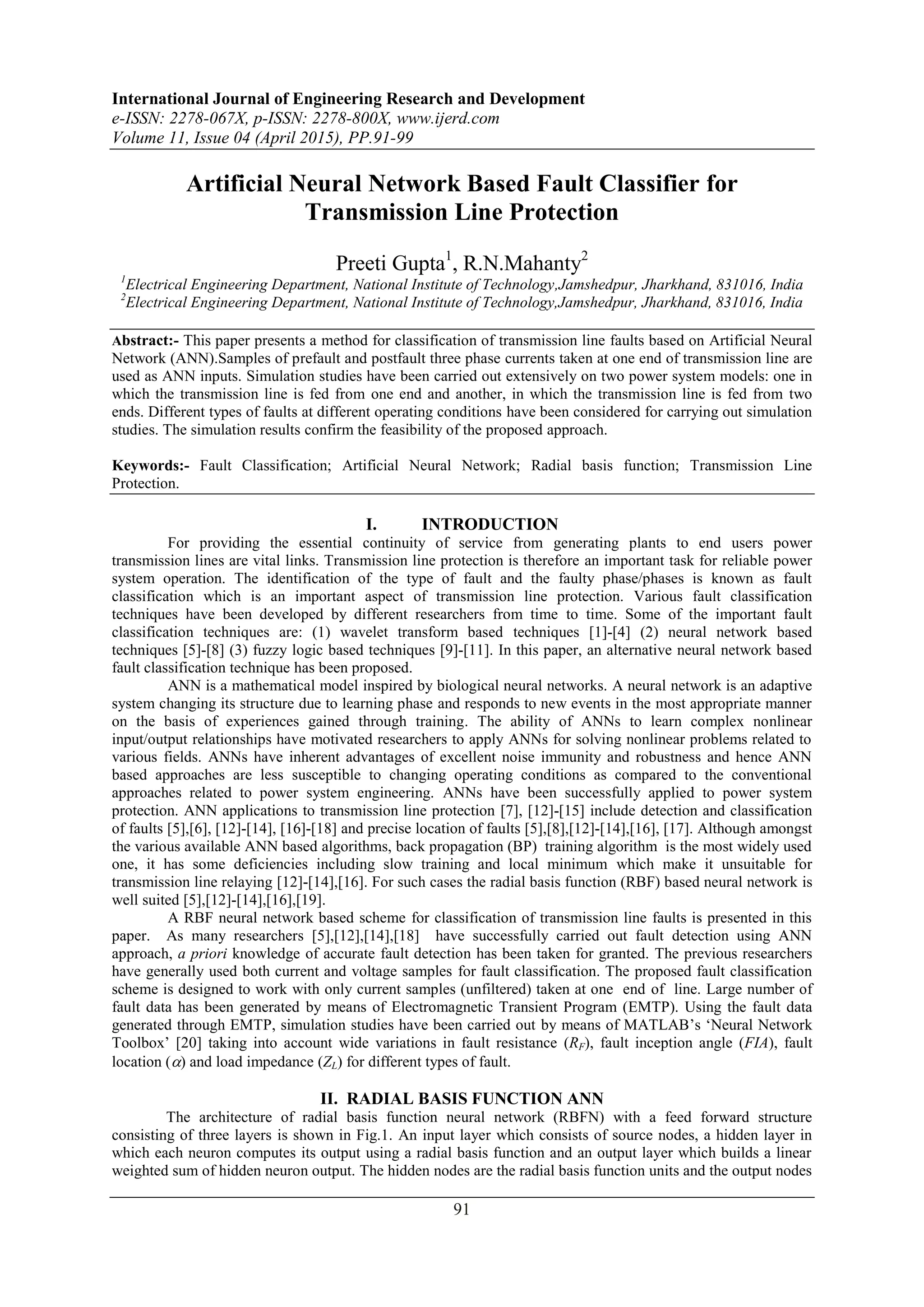 Artificial Neural Network Based Fault Classifier For Transmission Line