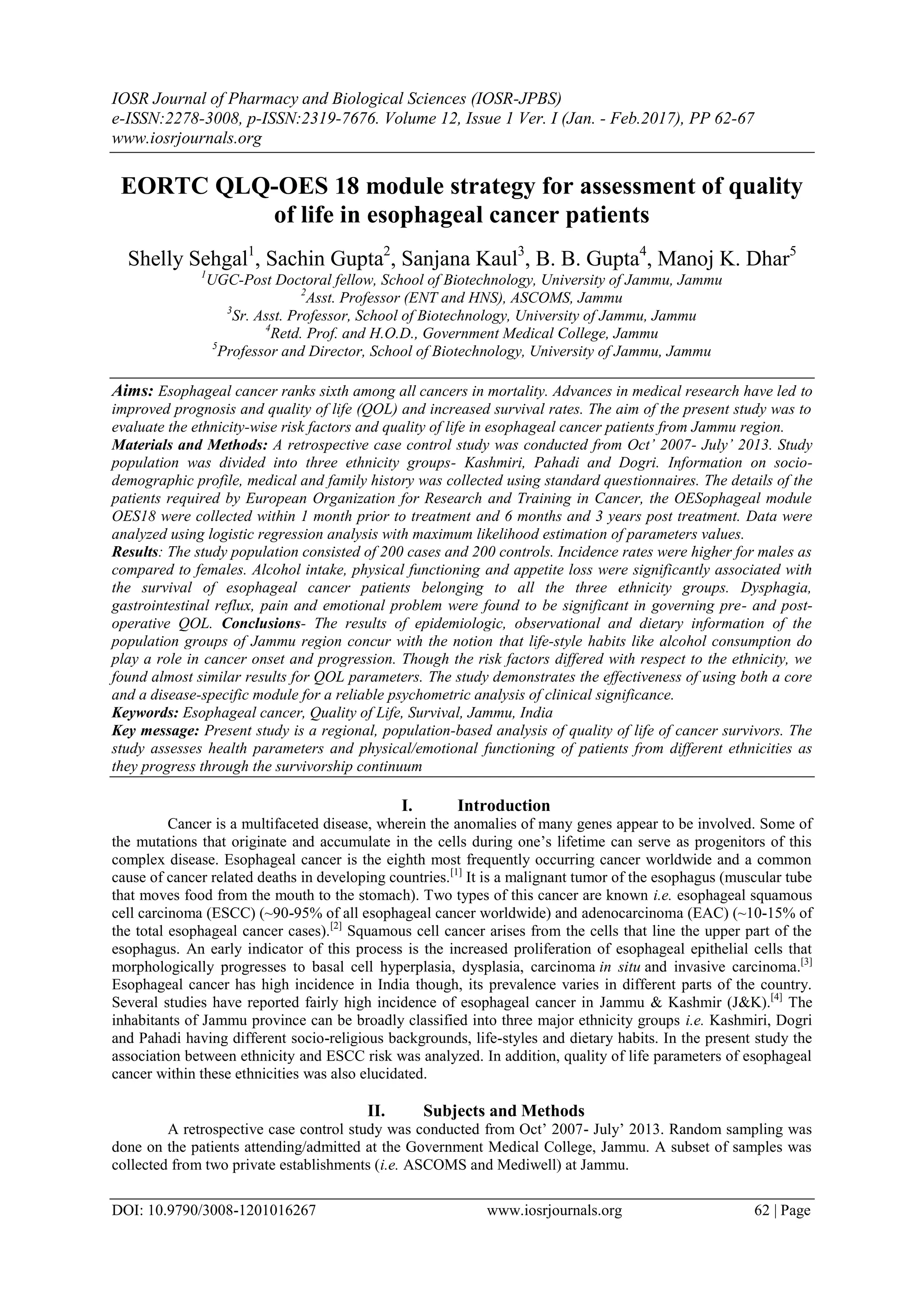 EORTC QLQ-OES 18 module strategy for assessment of quality of life in ...