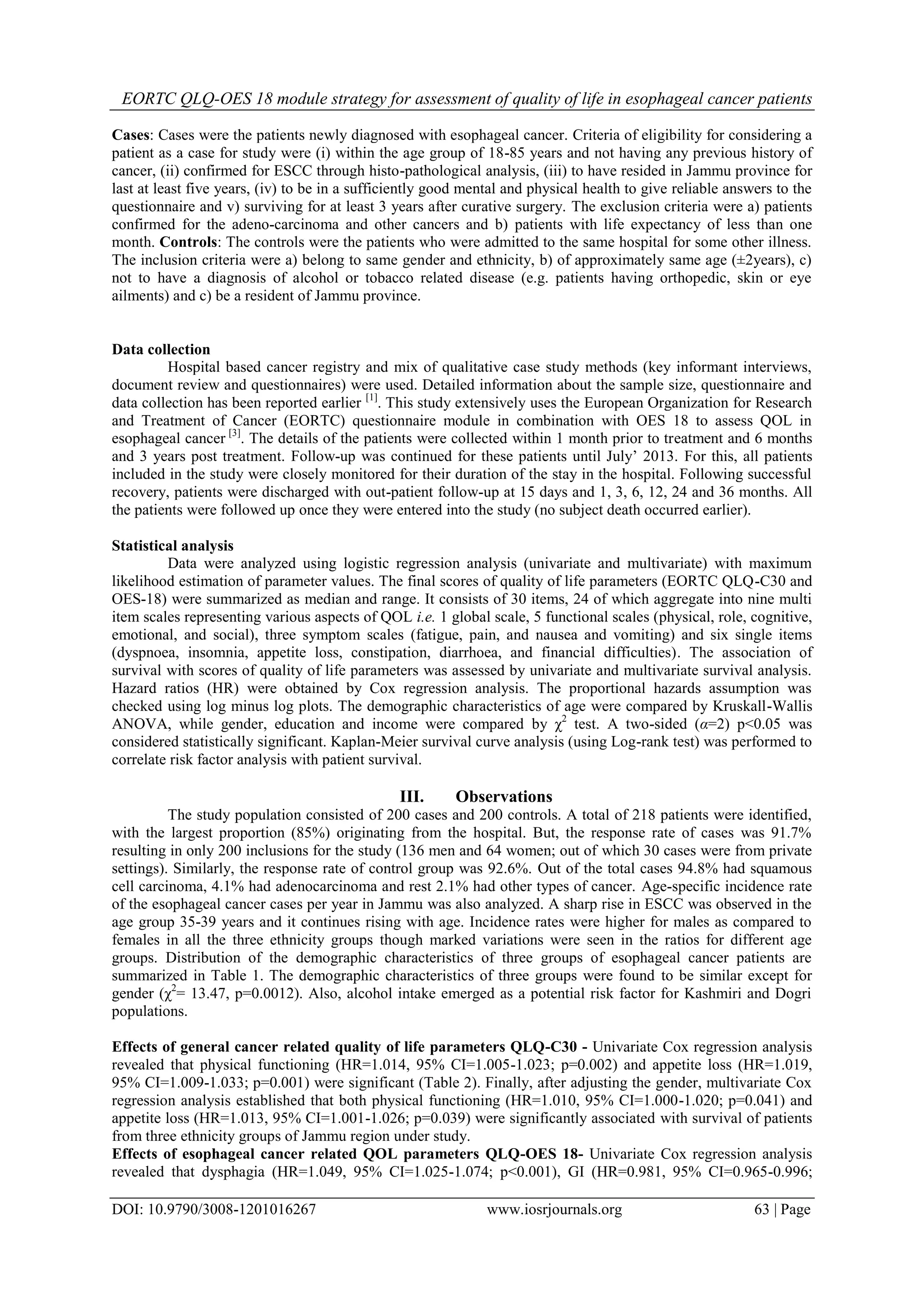 EORTC QLQ-OES 18 module strategy for assessment of quality of life in ...