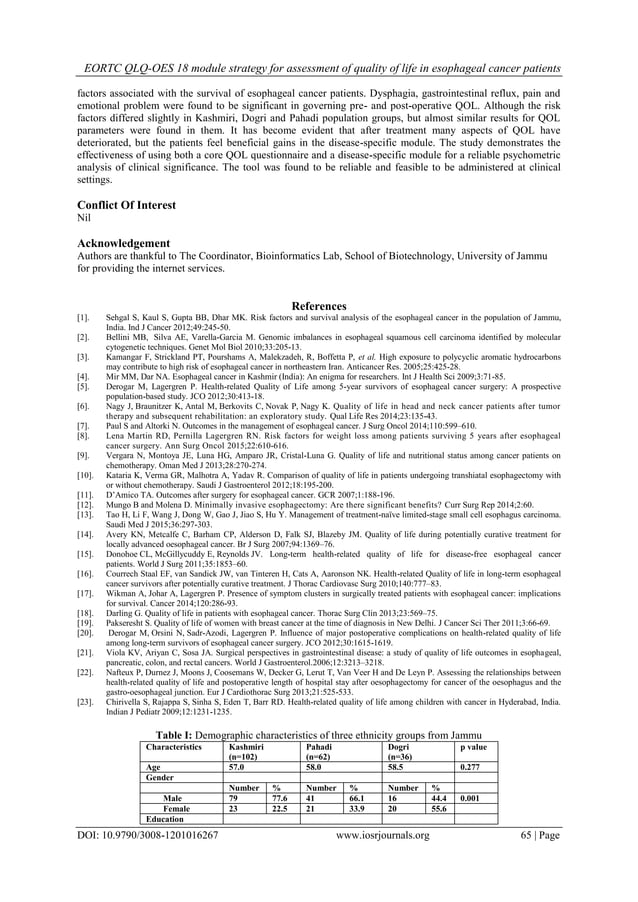 EORTC QLQ-OES 18 module strategy for assessment of quality of life in esophageal cancer patients ...