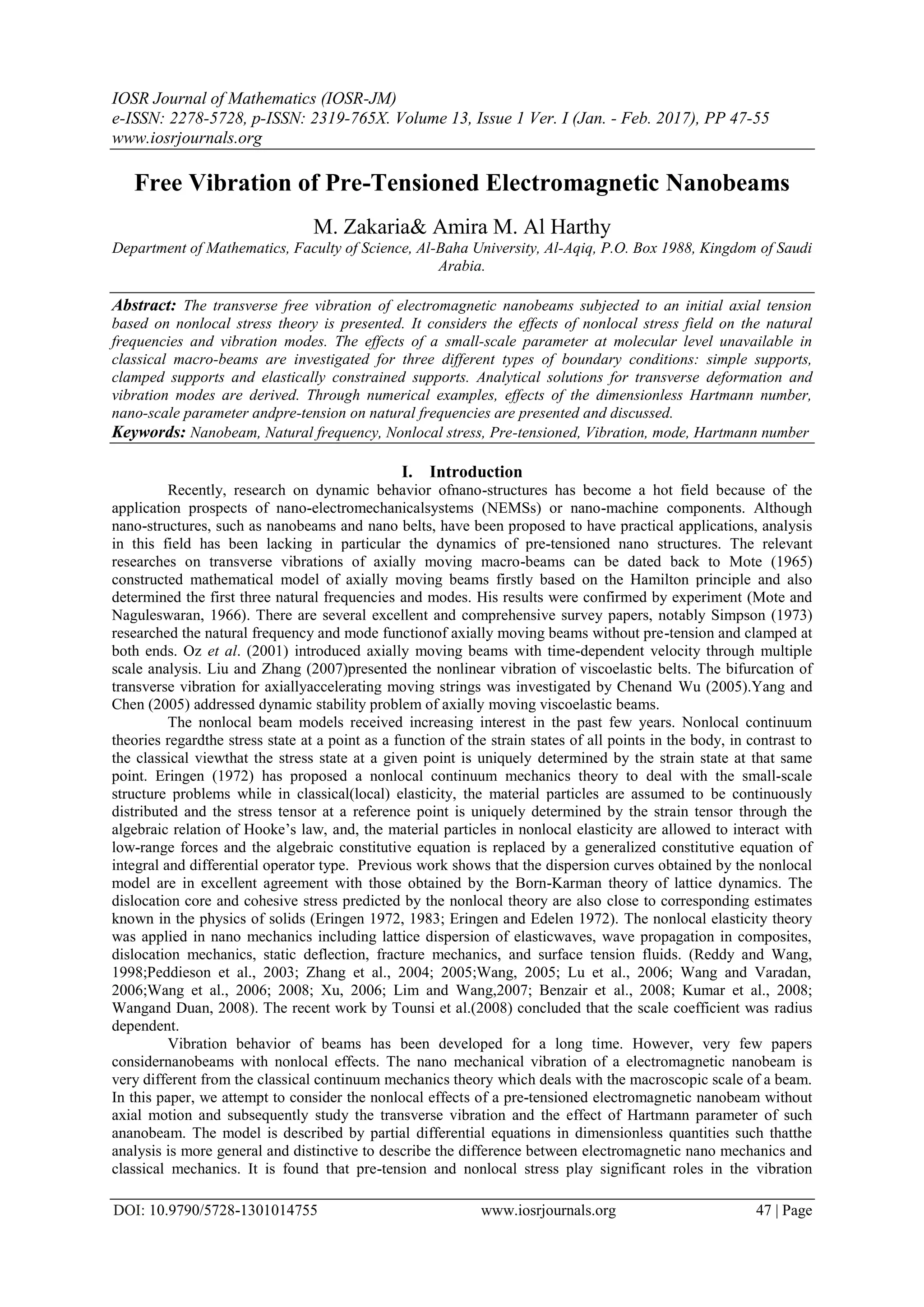 Free Vibration of Pre-Tensioned Electromagnetic Nanobeams | PDF