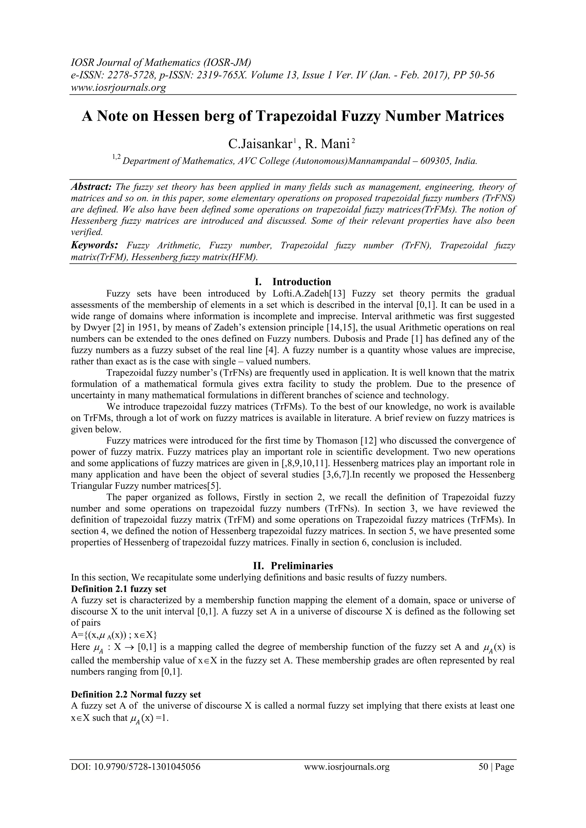 A Note on Hessen berg of Trapezoidal Fuzzy Number Matrices | PDF | Programming Languages | Computing