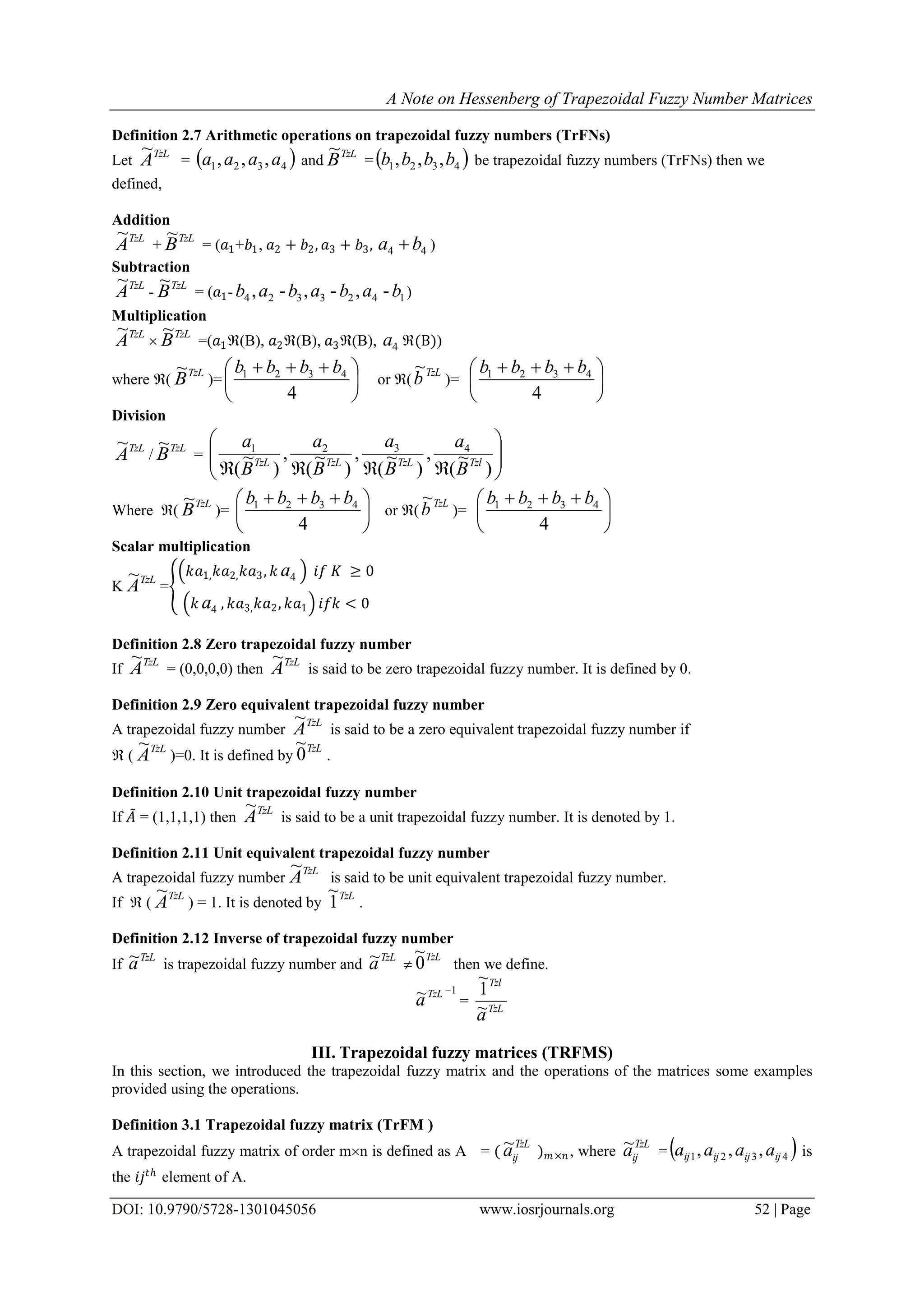 A Note on Hessen berg of Trapezoidal Fuzzy Number Matrices | PDF