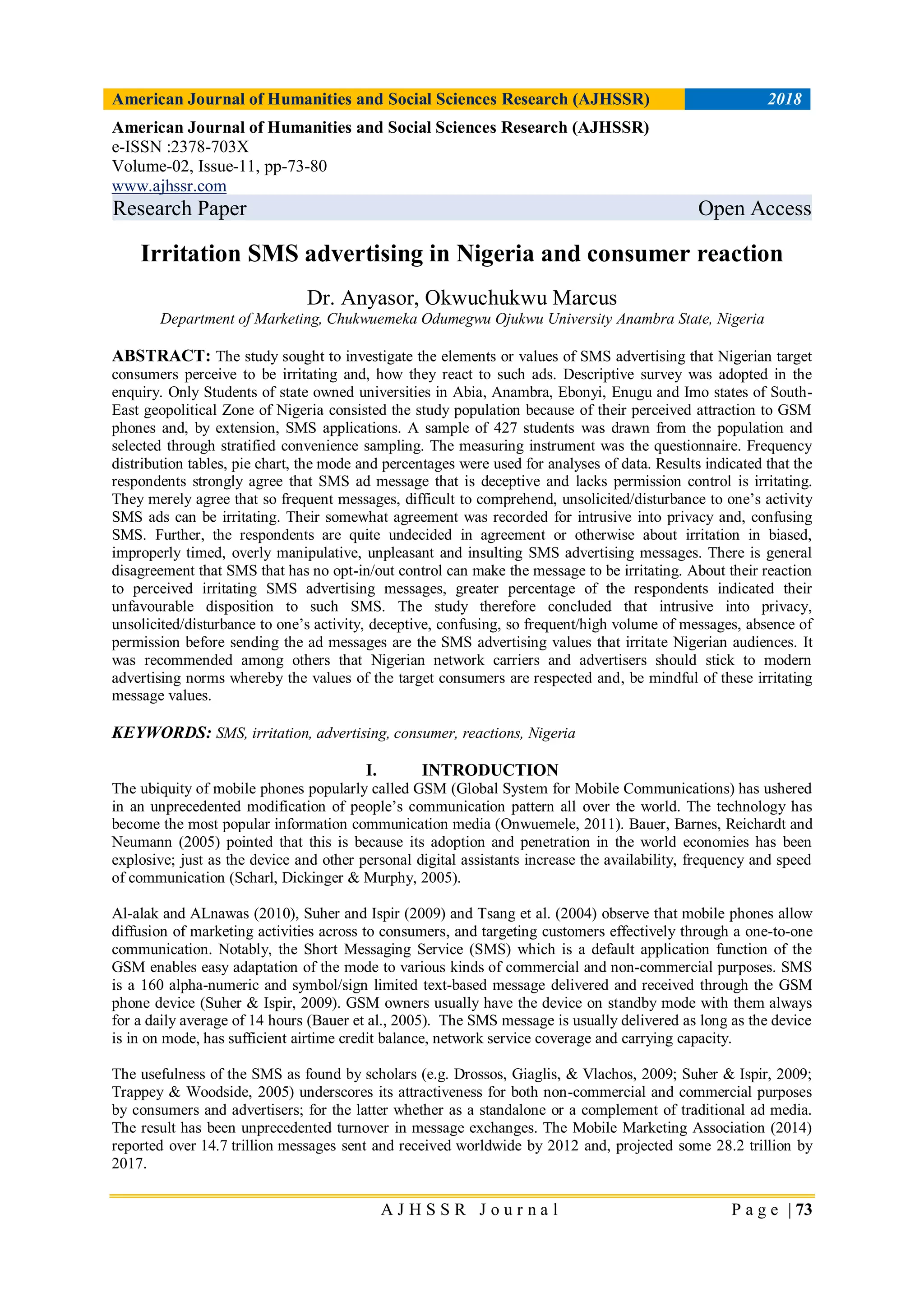 Irritation SMS advertising in Nigeria and consumer reaction | PDF