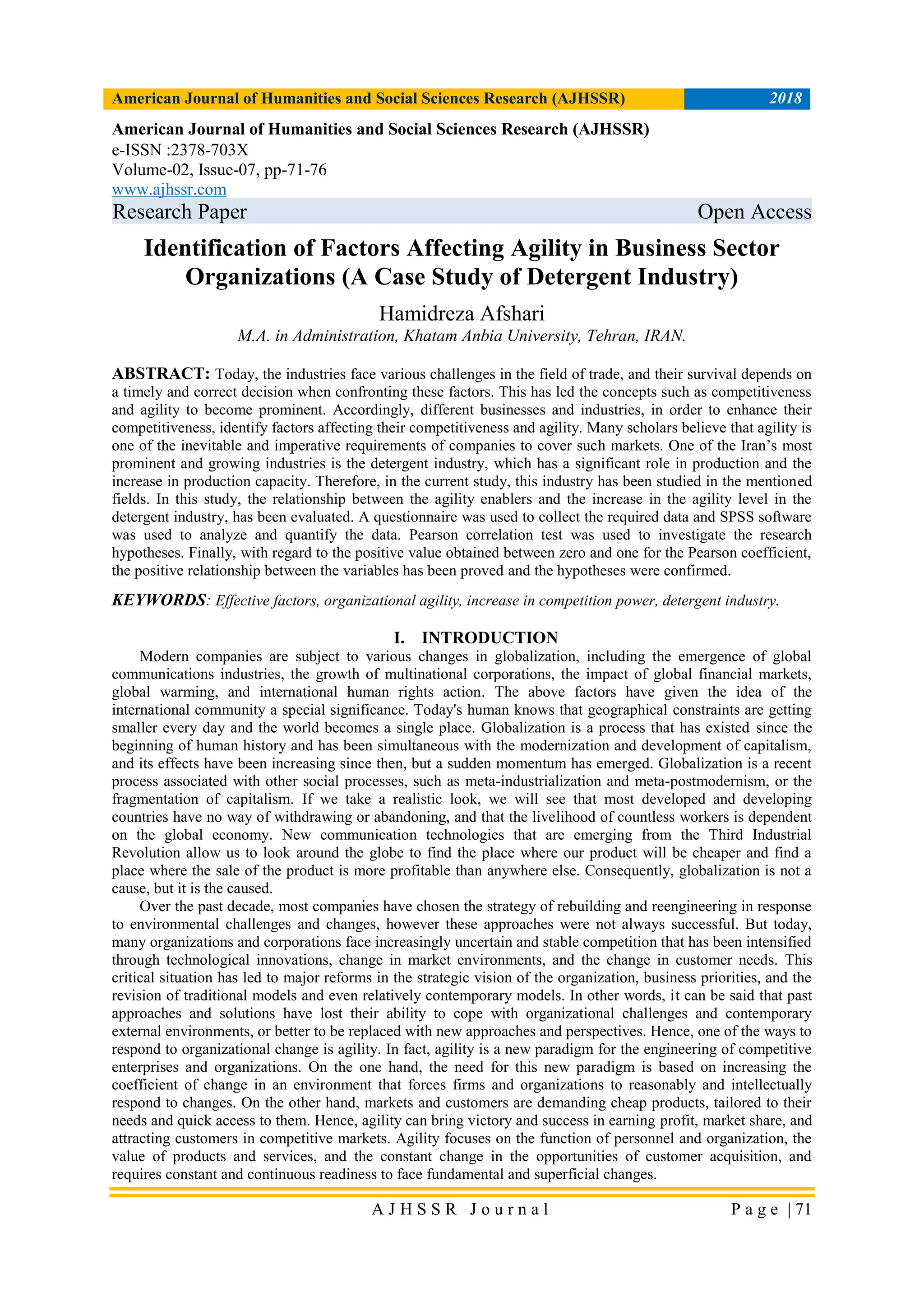 Identification of Factors Affecting Agility in Business Sector Organizations (A Case Study of ...