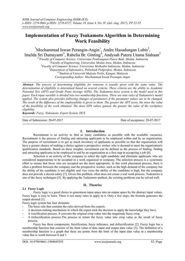 Implementation of Fuzzy Tsukamoto Algorithm in Determining Work Feasibility | PDF