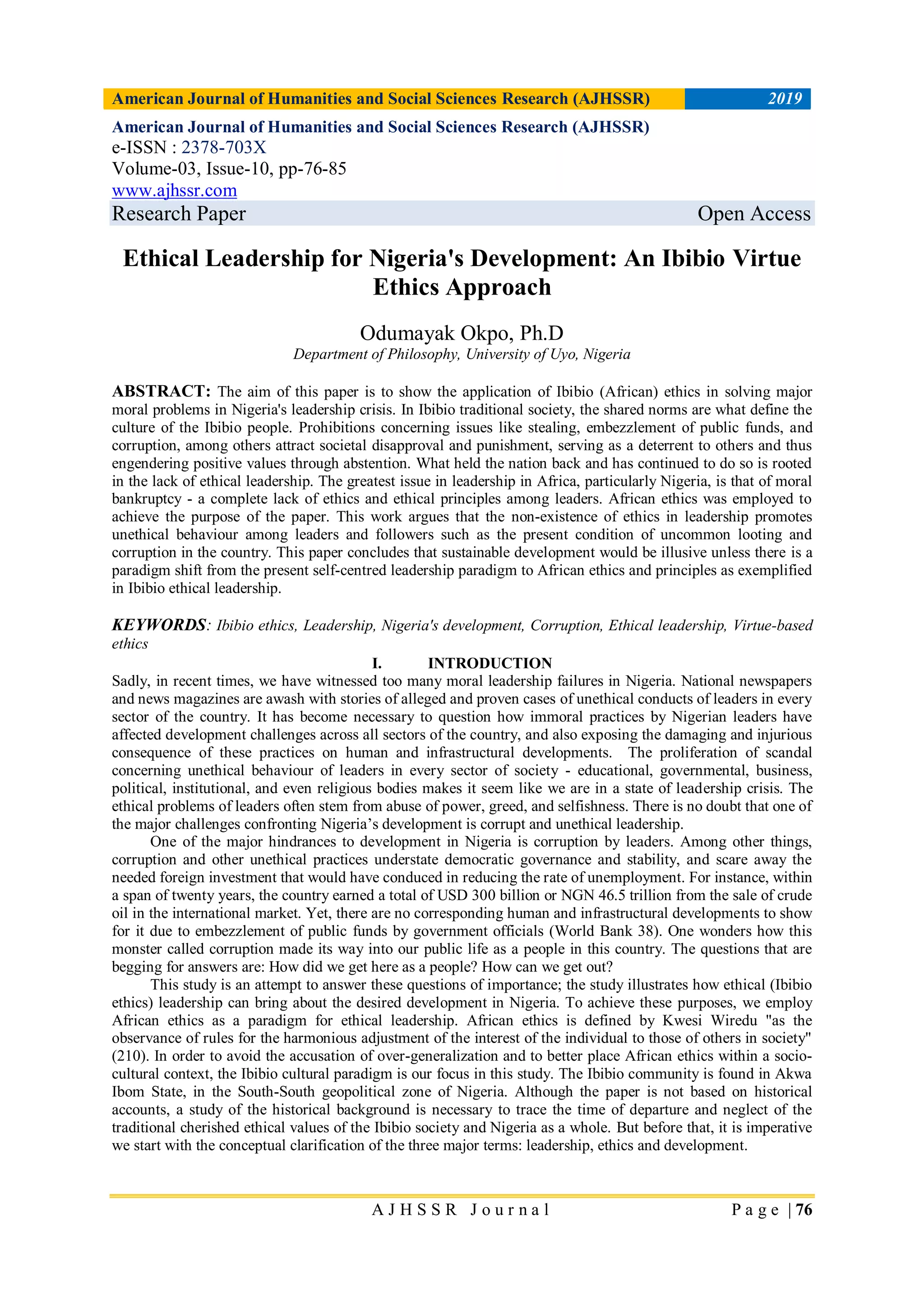 Ethical Leadership for Nigeria’s Development: An Ibibio Virtue Ethics Approach | PDF