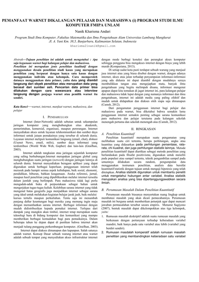 Ringkasan Penelitian Pemanfaat Warnet Dikalangan Pelajar dan Mahasiswa (i) Program Studi Ilmu ...