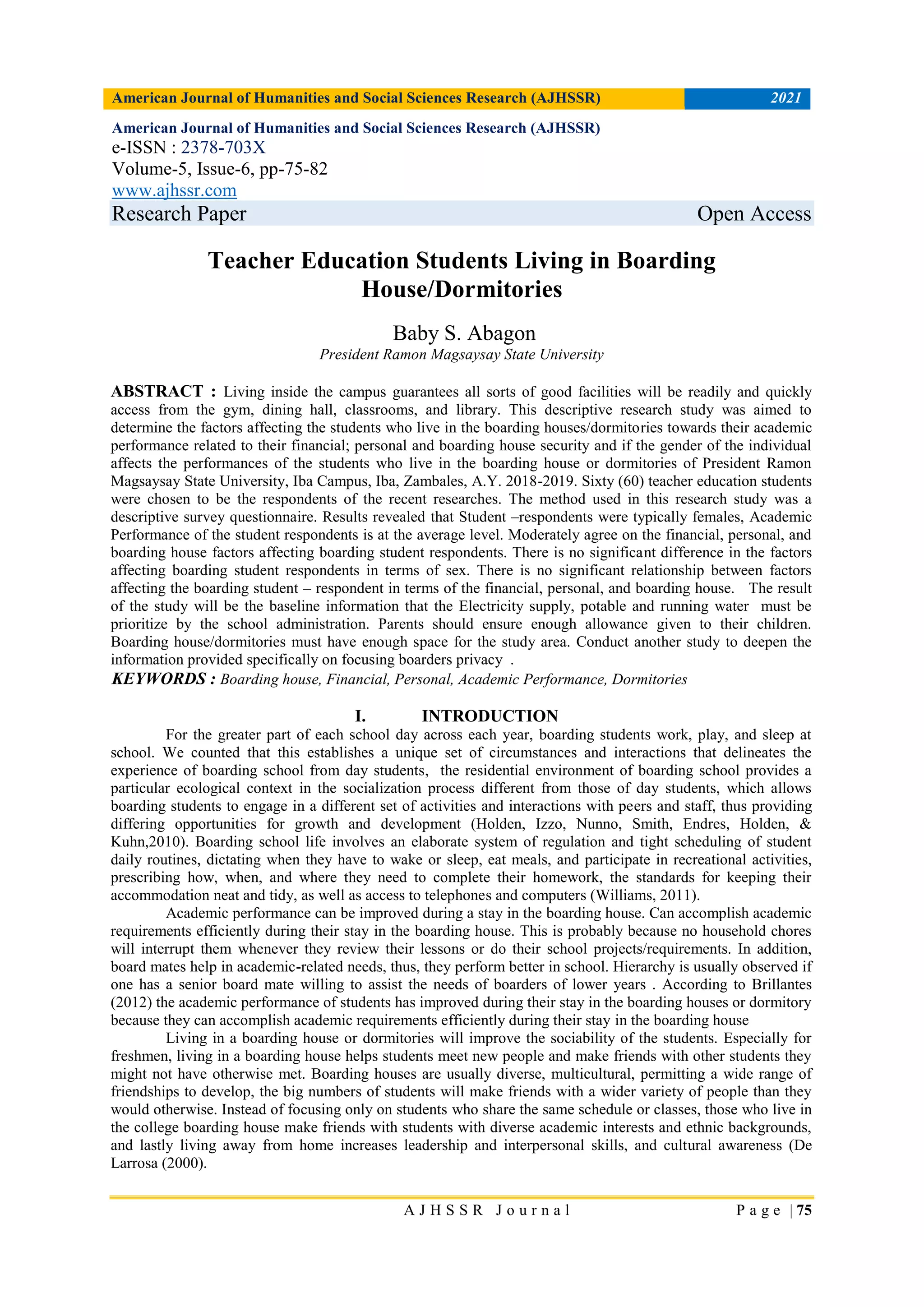 Teacher Education Students Living in Boarding House/Dormitories | PDF