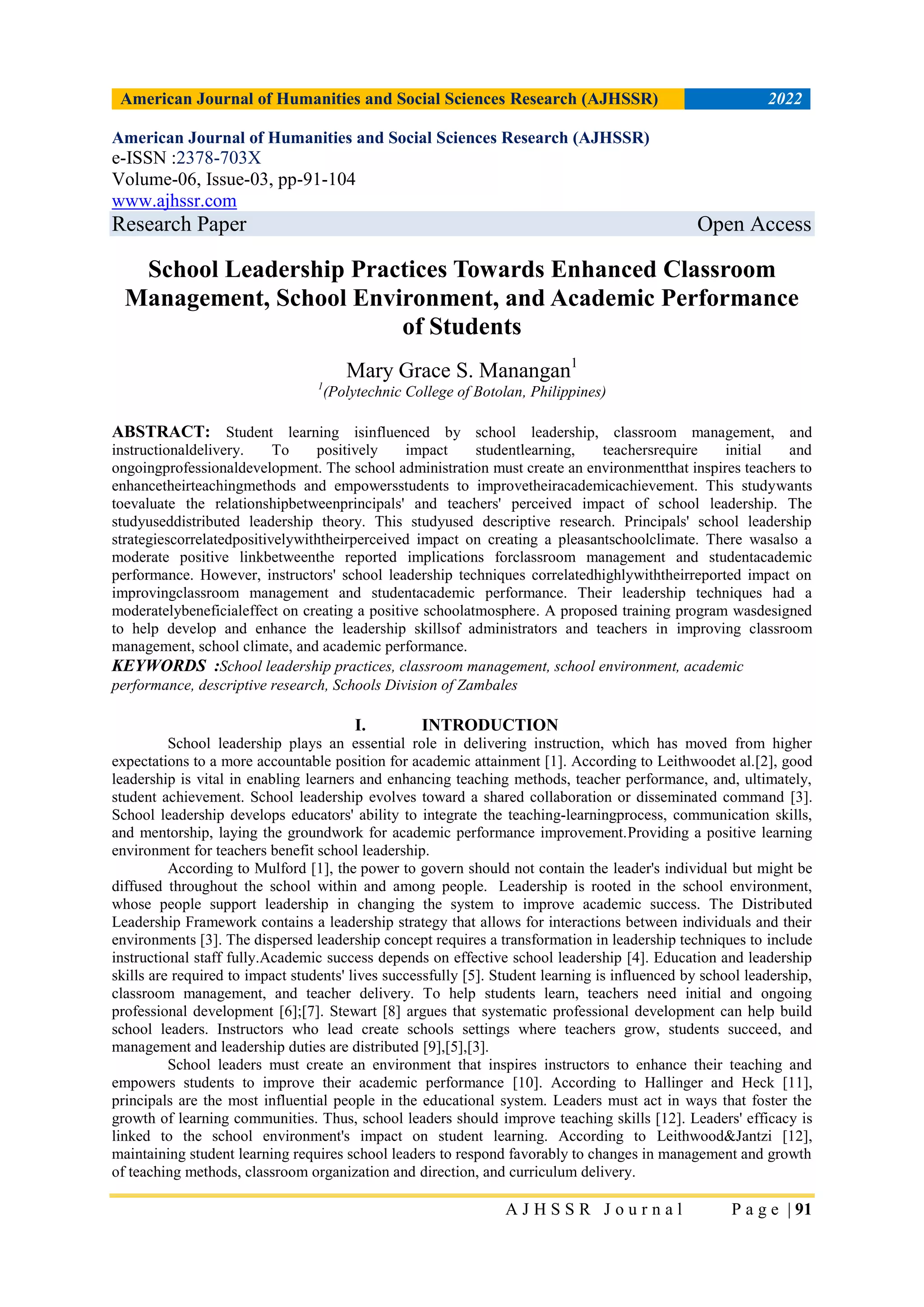 School Leadership Practices Towards Enhanced Classroom Management ...