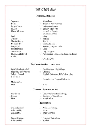 Tshepiso perseverance montsheng cv 1 | DOCX