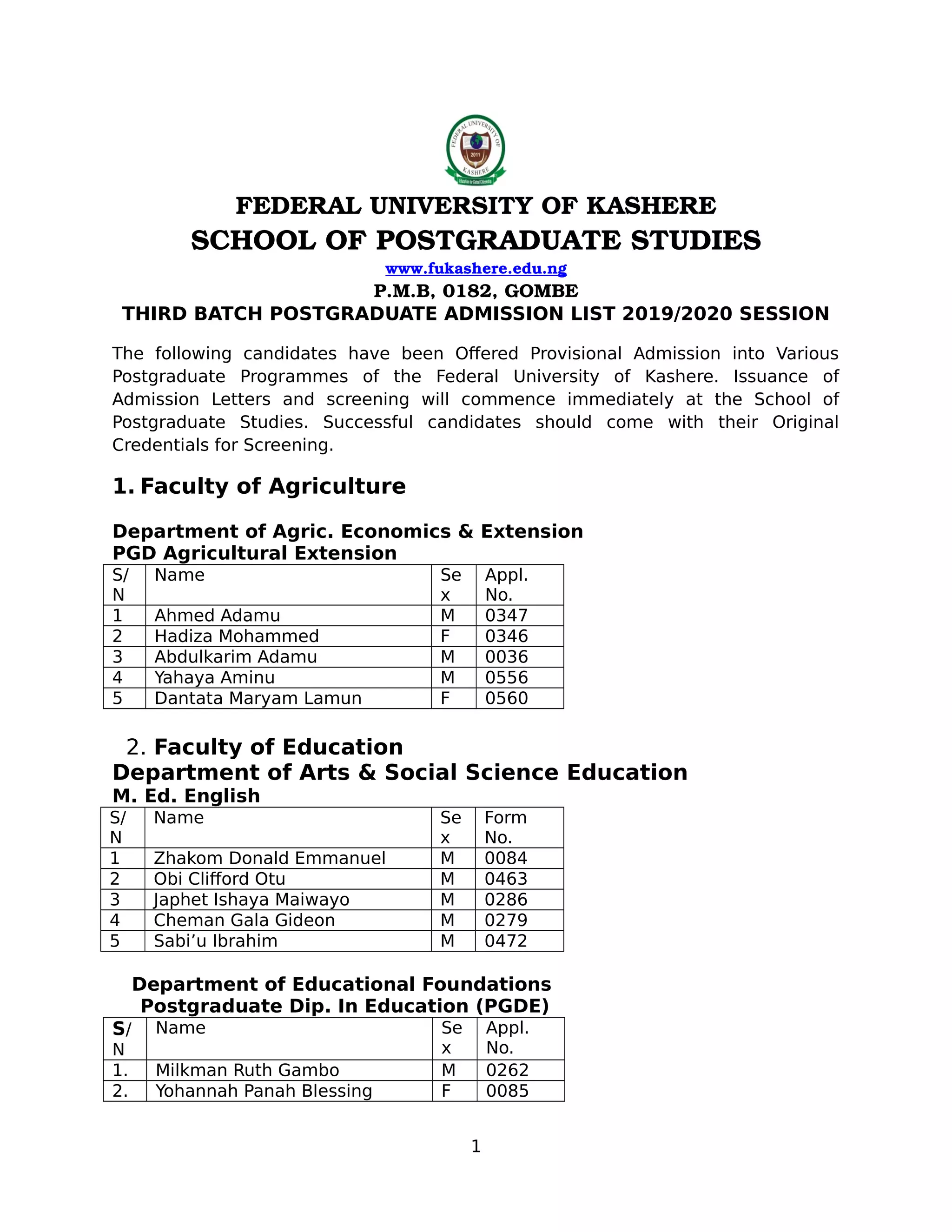 FUKashere 3rd Postgraduate Admission List for 2019/2020 session | PDF
