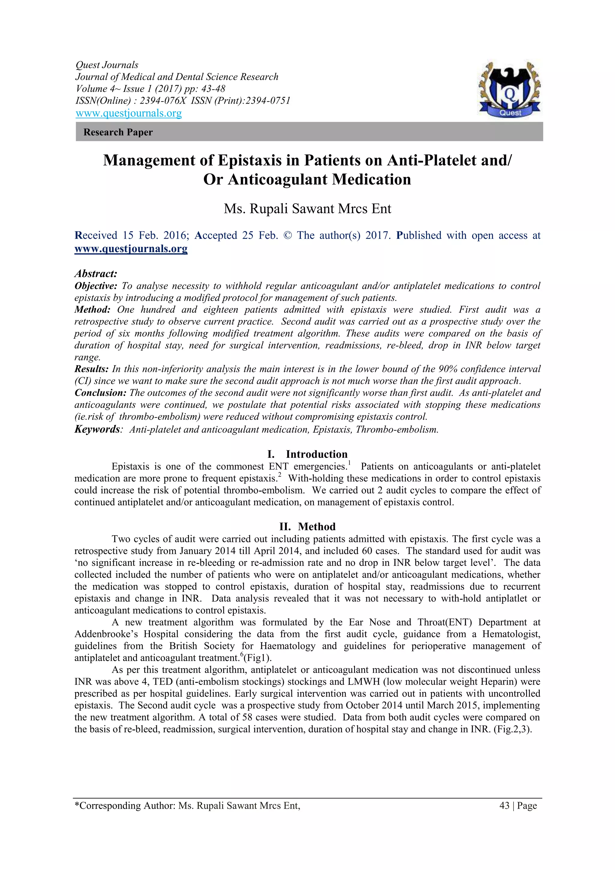 Management of Epistaxis in Patients on Anti-Platelet and/ Or ...