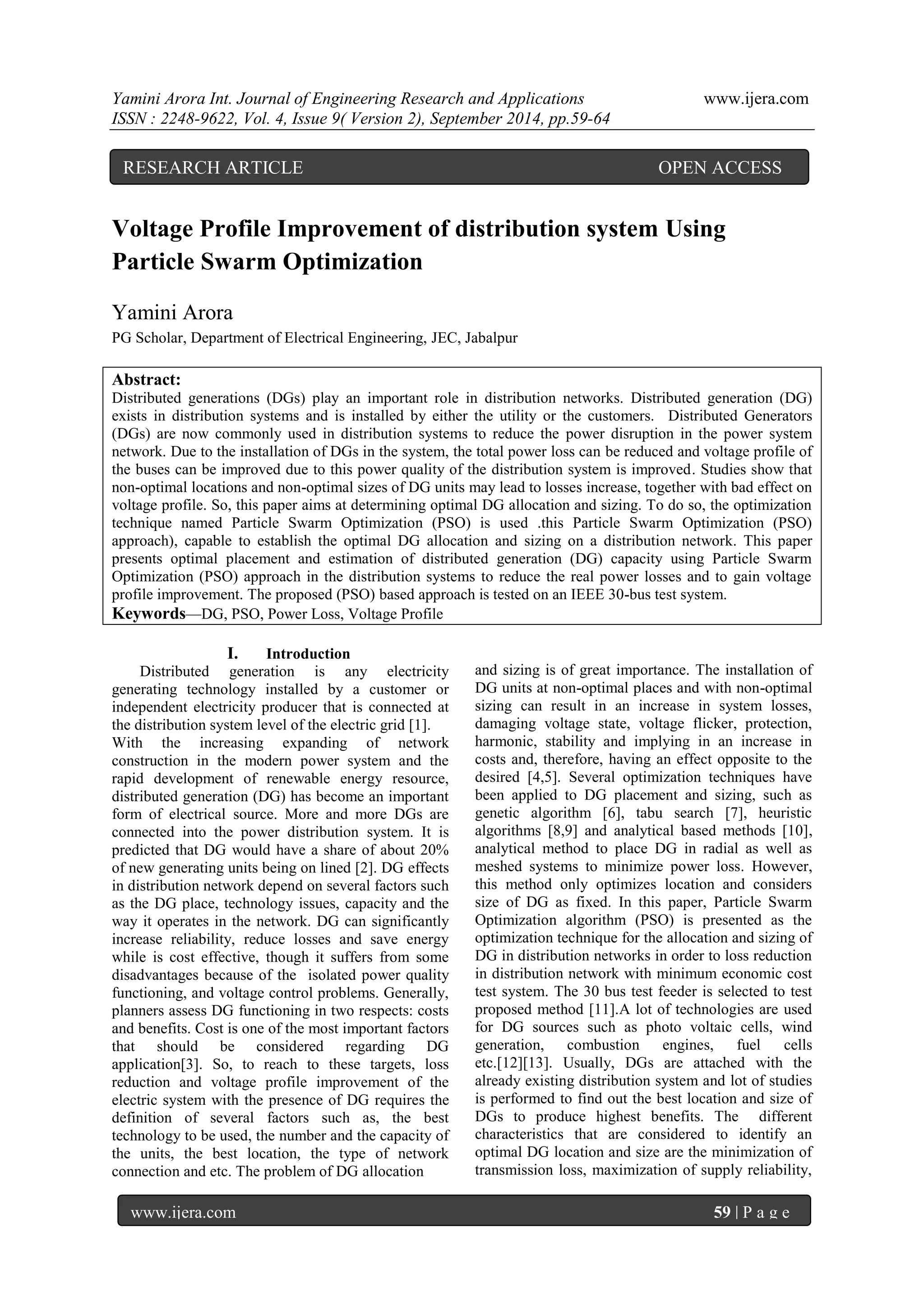 Voltage Profile Improvement of distribution system Using Particle Swarm Optimization | PDF