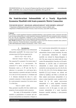 On Semi-Invariant Submanifolds of a Nearly Hyperbolic Kenmotsu Manifold with Semi-symmetric ...