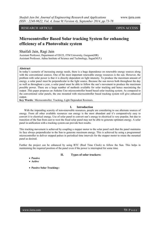 Microcontroller Based Solar tracking System for enhancing efficiency of a Photovoltaic system | PDF
