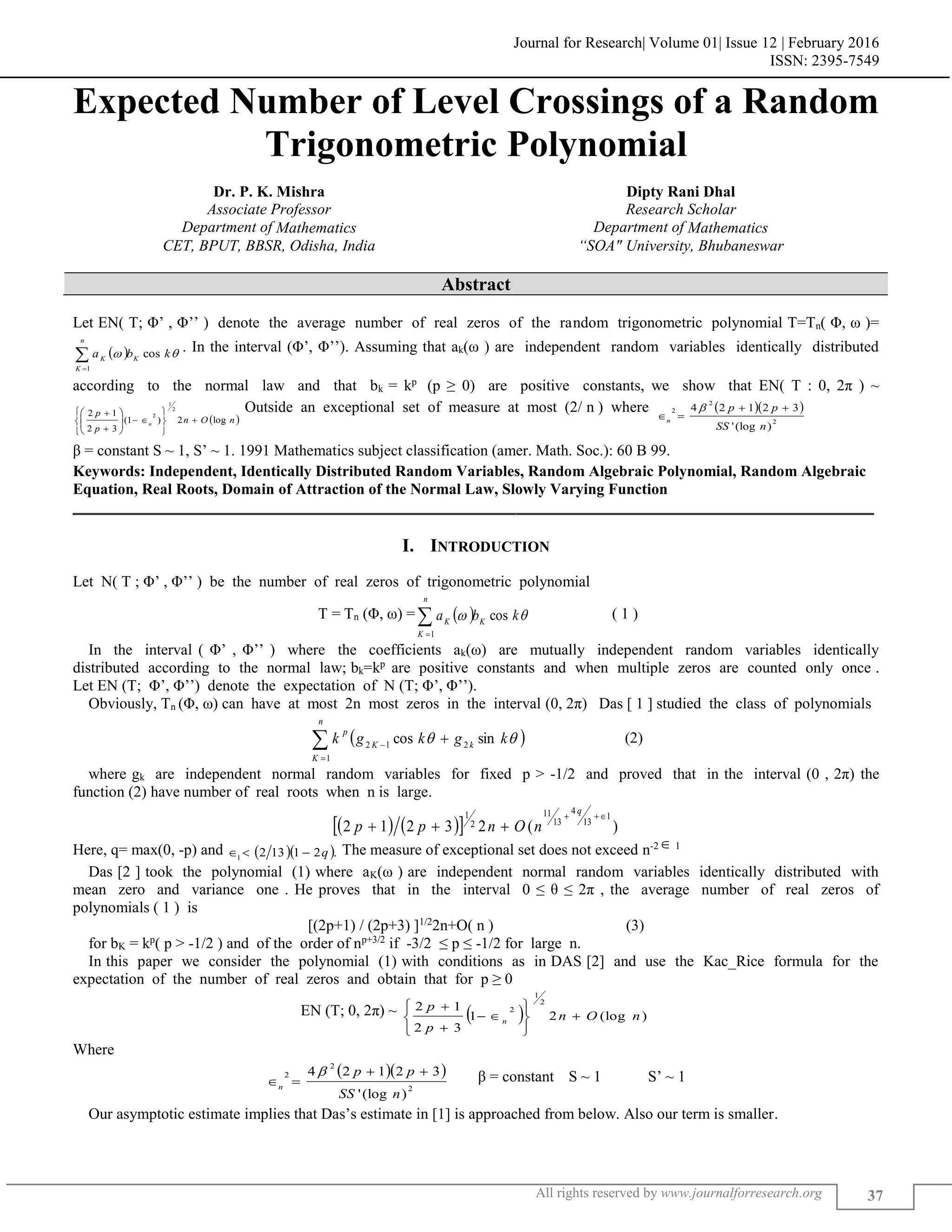 EXPECTED NUMBER OF LEVEL CROSSINGS OF A RANDOM TRIGONOMETRIC POLYNOMIAL | PDF