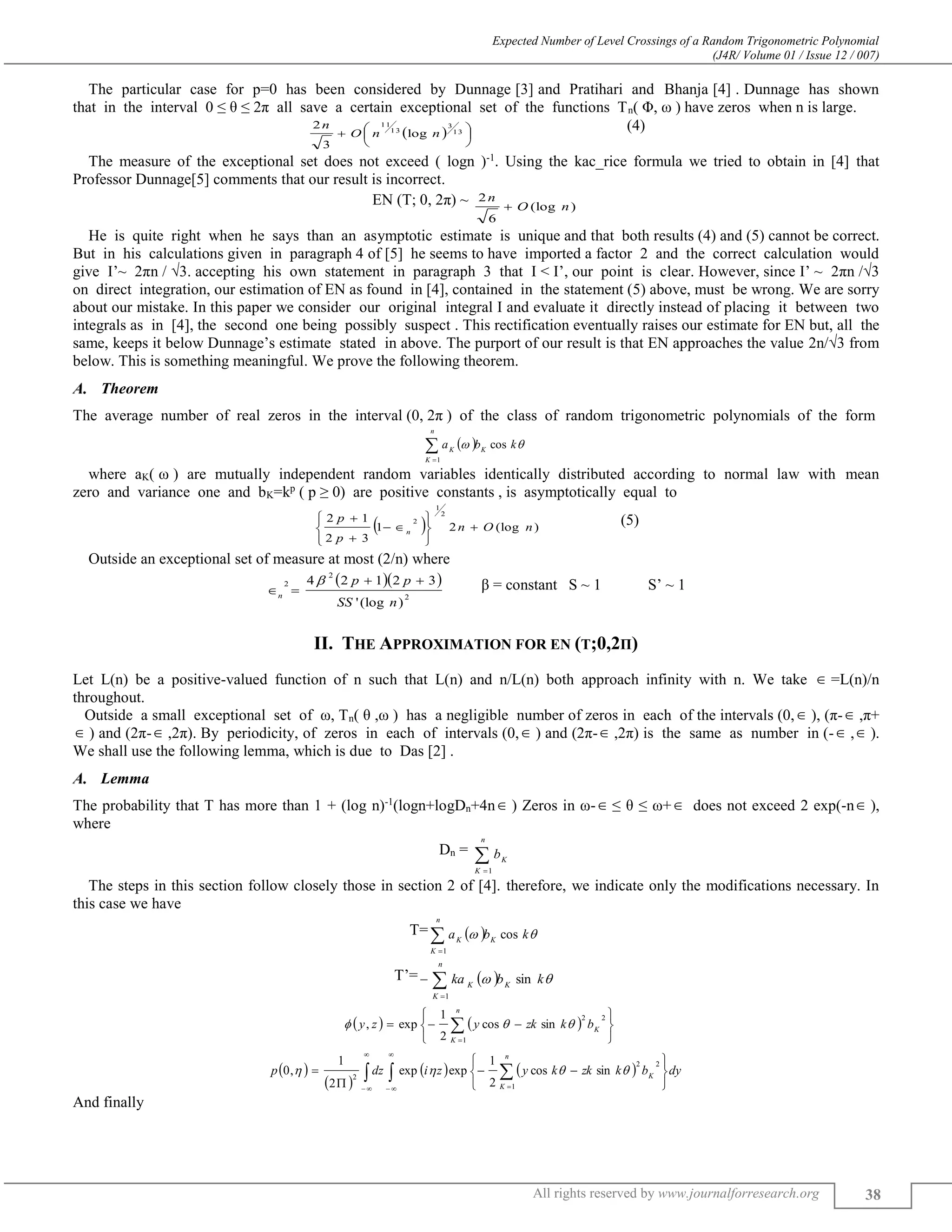 EXPECTED NUMBER OF LEVEL CROSSINGS OF A RANDOM TRIGONOMETRIC POLYNOMIAL | PDF