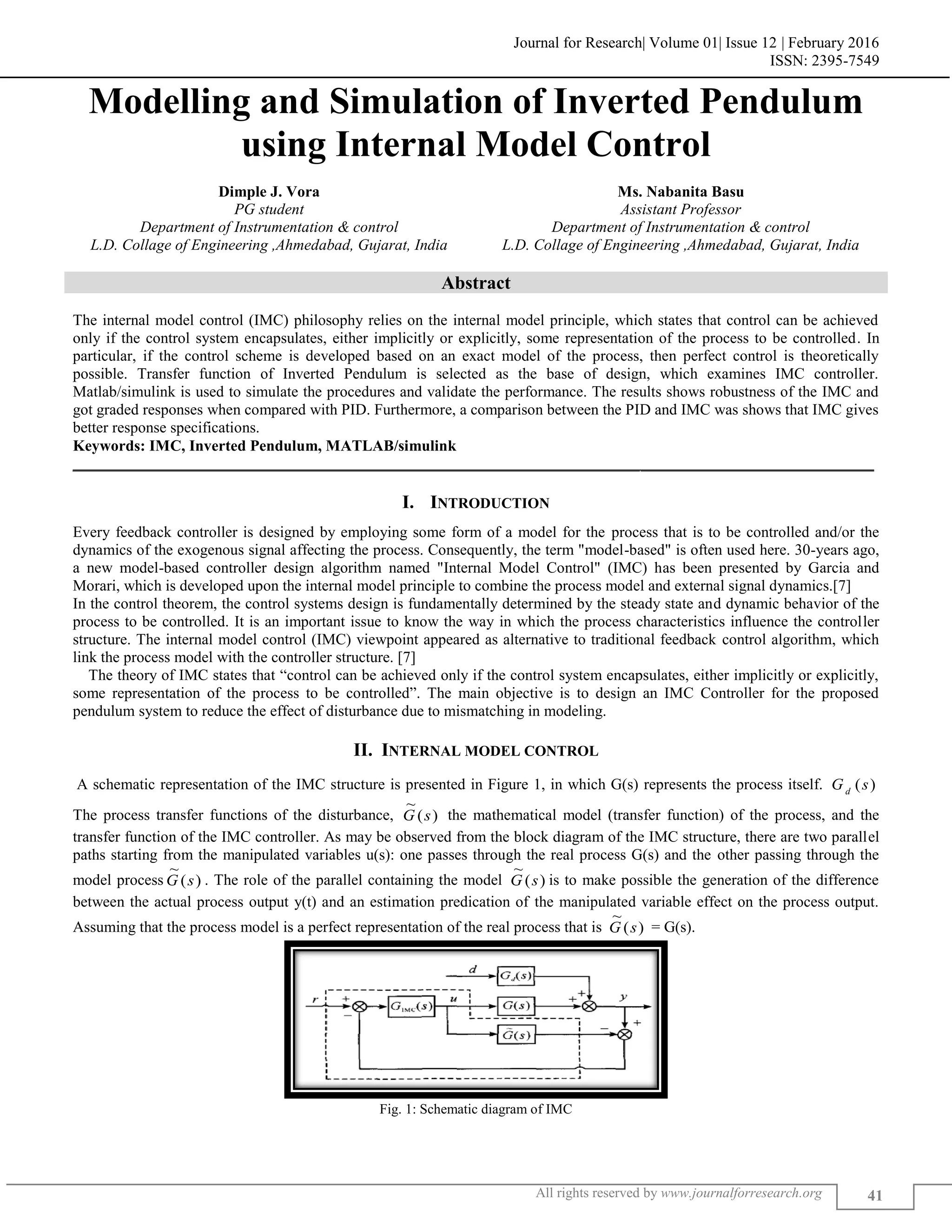 MODELLING AND SIMULATION OF INVERTED PENDULUM USING INTERNAL MODEL CONTROL | PDF